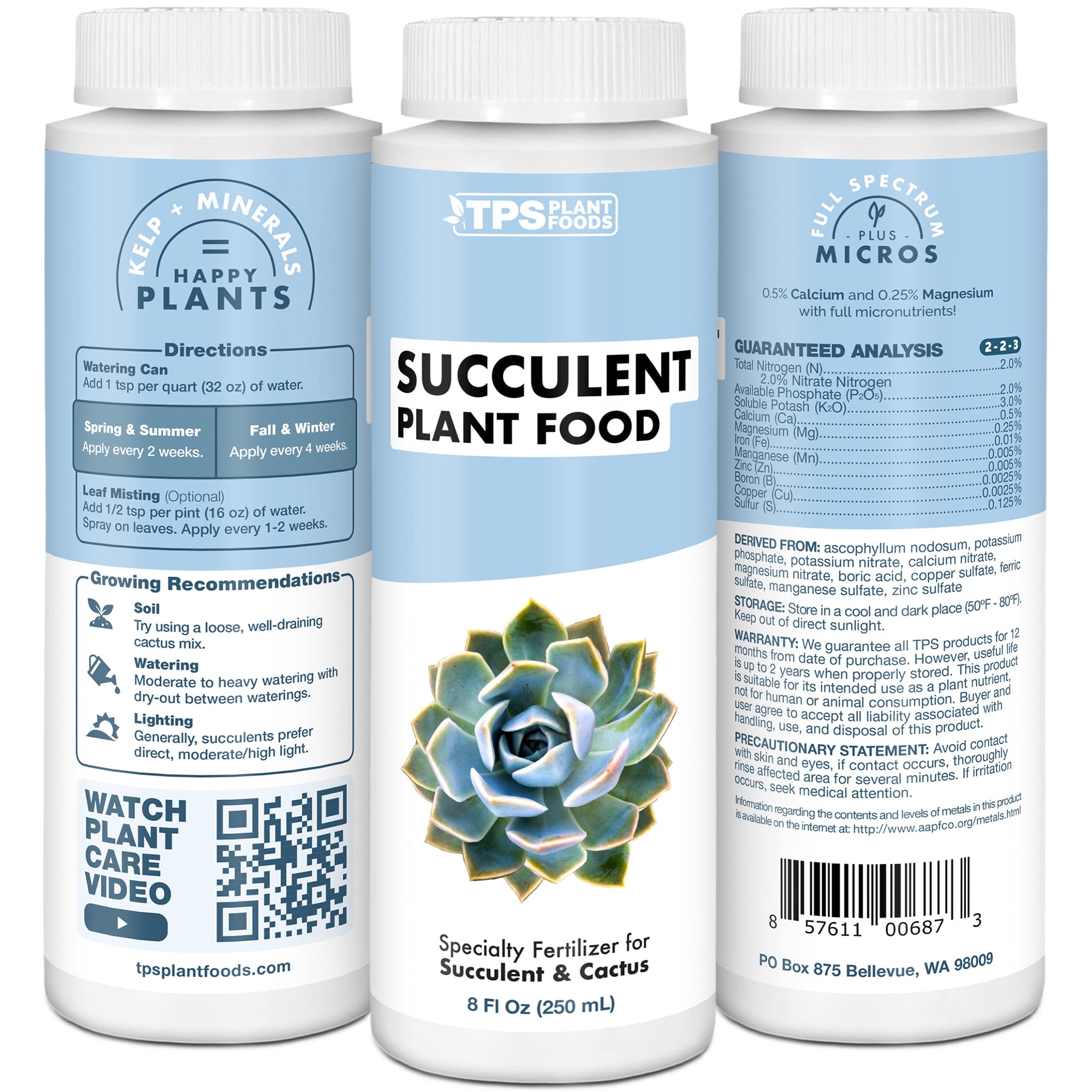 Succulent Plant Food for Succulents, Cactus, Jade and Aloe, Liquid Houseplant Fertilizer 8 oz (250mL)