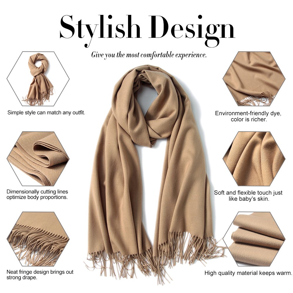 maamgic Women's Scarf Pashmina Shawls and Wraps for Evening Dresses Travel Office Winter Wedding Cashmere Feel Large Scarves Tan/Camel
