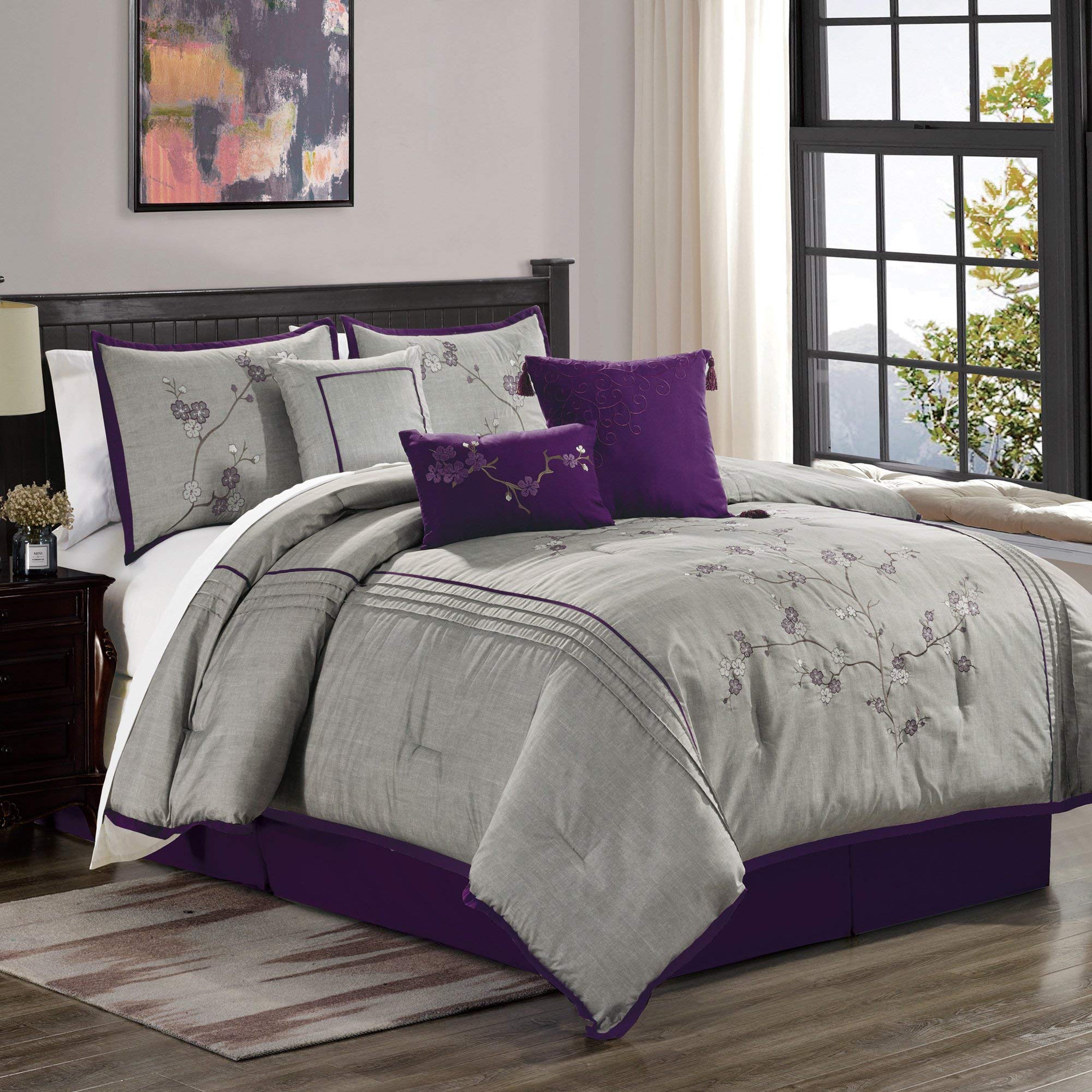 Miki 7-Piece Luxury Purple Cherry Blossoms Floral Embroidery Bedding Comforter Set Queen Size