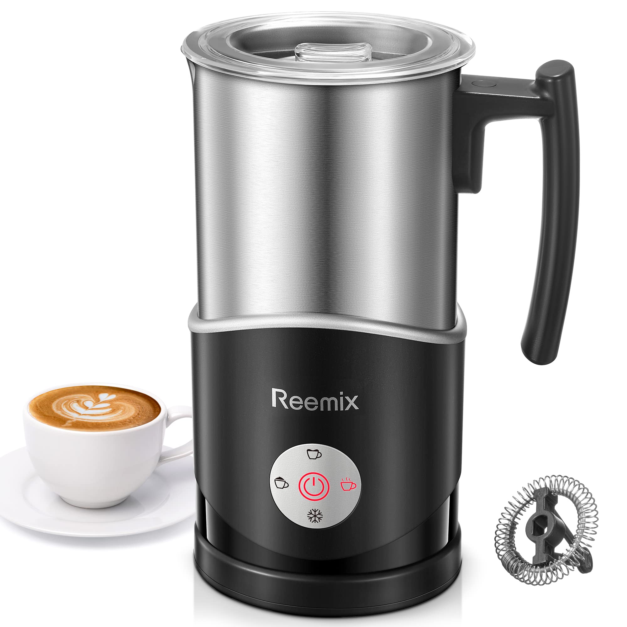 Milk Frother, Reemix 11.8oz Electric Milk Steamer Soft Foam Maker With Large Open,4 IN 1 Multifunction for Hot & Cold Froth, Automatic off & Easy Cleaning,Silent Operation (Silver)
