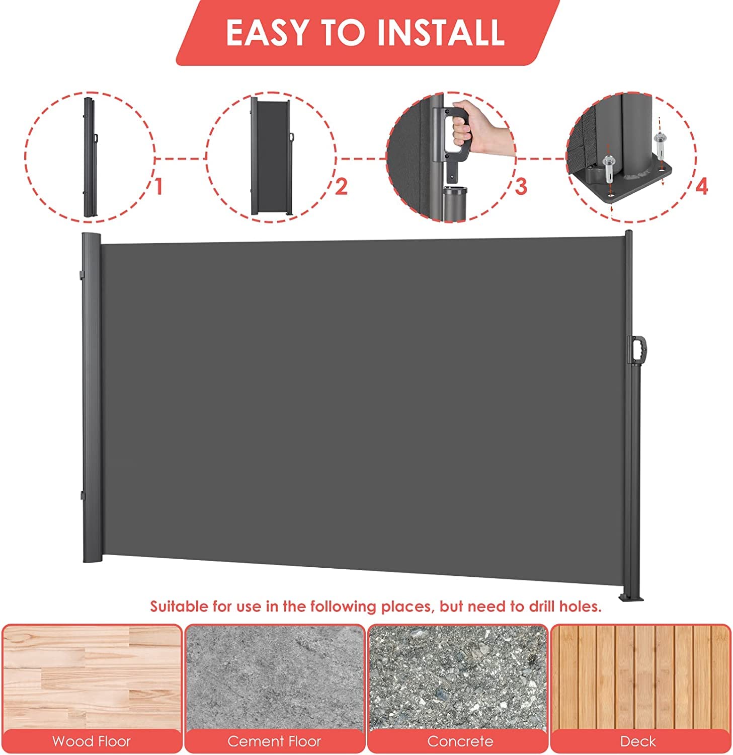 Retractable Side Screen Awning, UV Resistant, Waterproof, Patio Privacy Screen for Garden, Balcony, Courtyard(Dark Grey), 118.1" x 70.9"