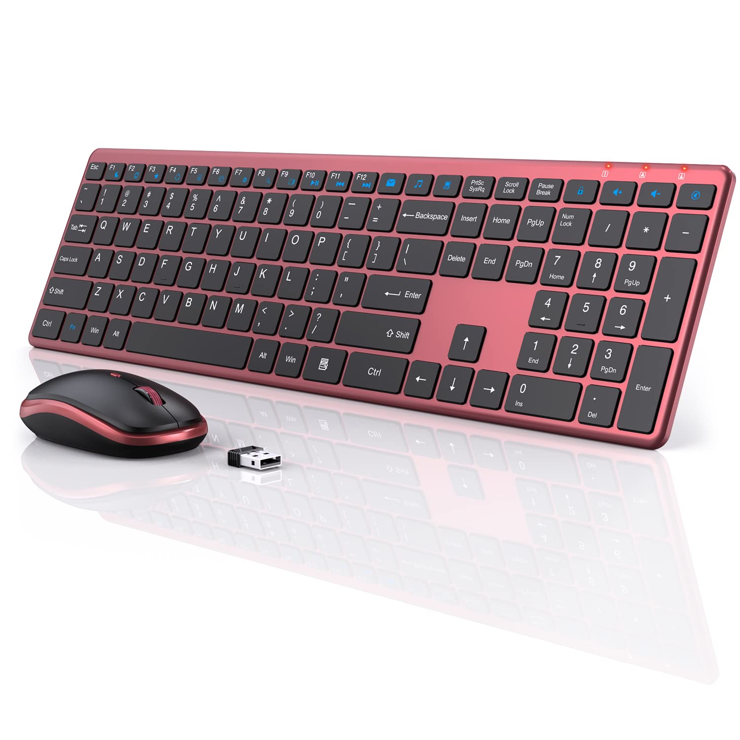 Wireless Keyboard and Mouse, Super Slim Keyboard with Responsive Keys, Silent Mouse and 2.4GHz USB Receiver, Battery Powered Full Size Cordless Combo for Mac, Computer, PC, Chromebook (Wine Red)