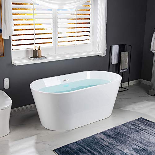 WOODBRIDGE 59" Acrylic Freestanding Bathtub Contemporary Soaking White Tub with Chrome Overflow and Drain,B0014-CH