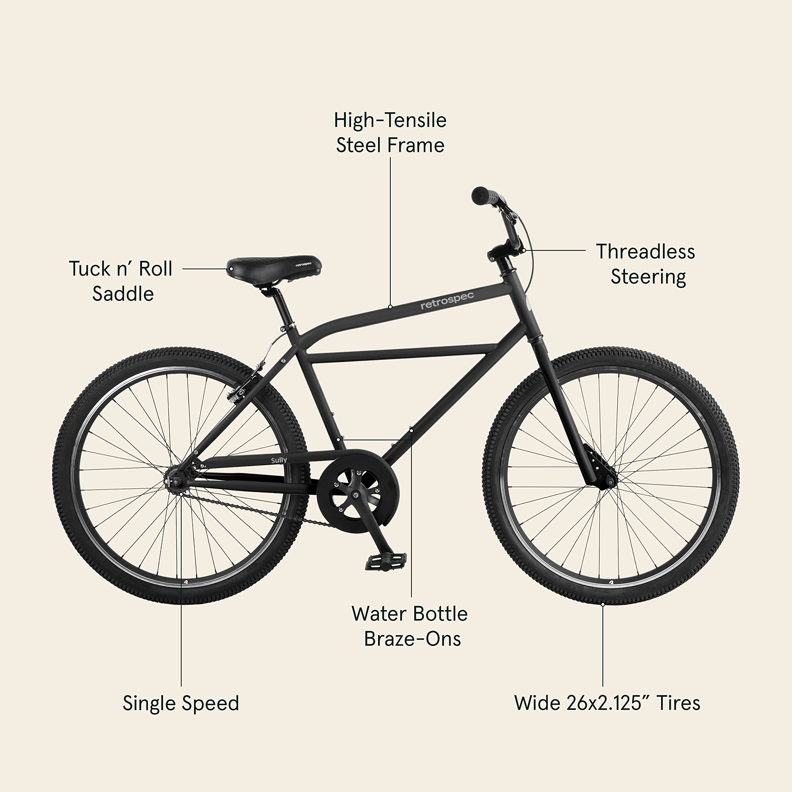Retrospec Sully Klunker High-Tensile Steel Frame Beach Cruiser Bicycle Single Speed Bike with BMX Threadless Steering, Wide Tires and Tuck n’ Roll Saddle, Matte Black 26"
