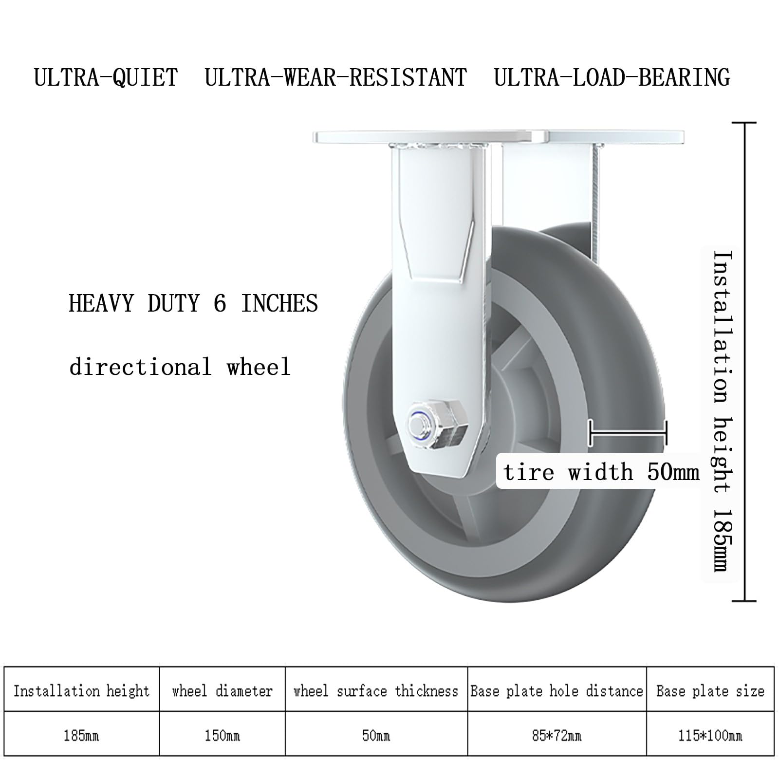 Load Capacity 750Kg Heavy Duty Casters, 6 Inch Caster Wheels, Casters Set of 4 Wheels Directional-Swivel-Brake Casters, Industrial/Workbench/Cart Casters Rubber-Silent(Fixed)