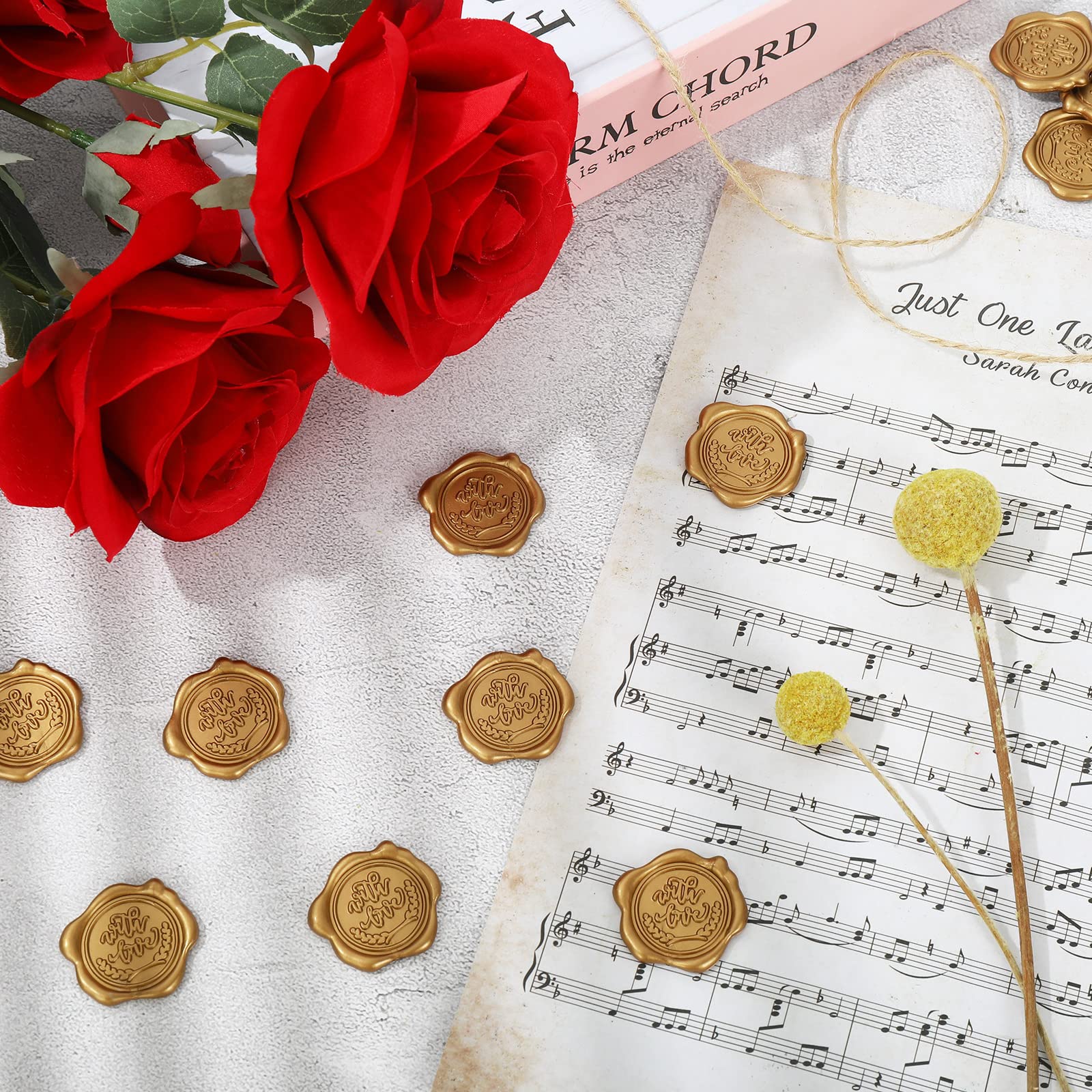 Whaline 50Pcs Gold Wax Seal Stickers with Love Stickers Envelope Sealing 3D Bronze with Love Self-Adhesive Embossed Stickers for Wedding Baby Shower Anniversary Invitation Cards Mails Gift Decor