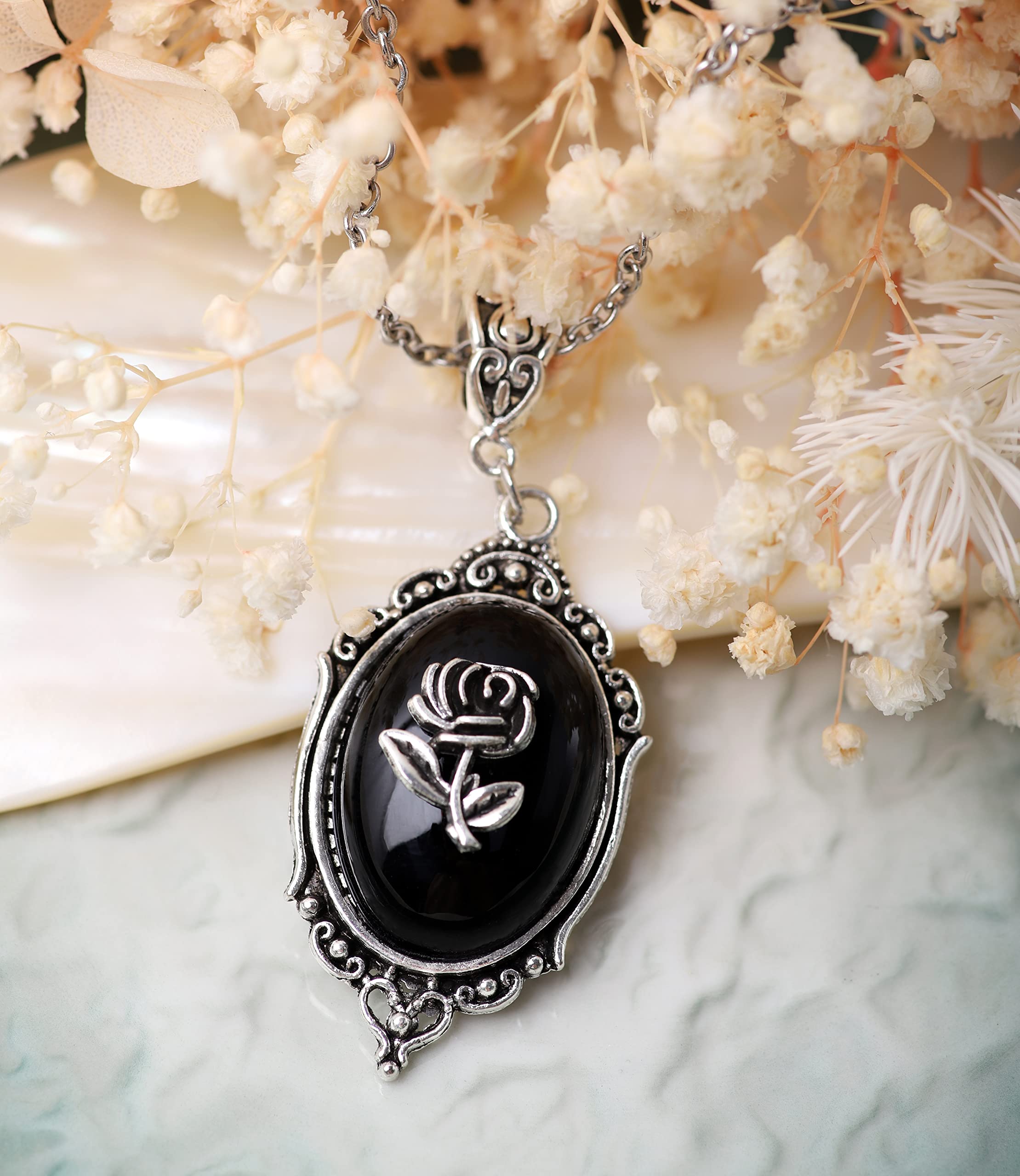 Sacina Gothic Celtic Rose Necklace, Stainless Steel Rose Pendant, Halloween Goth Celtic Jewelry Gift for Women (Black Victorian Rose)