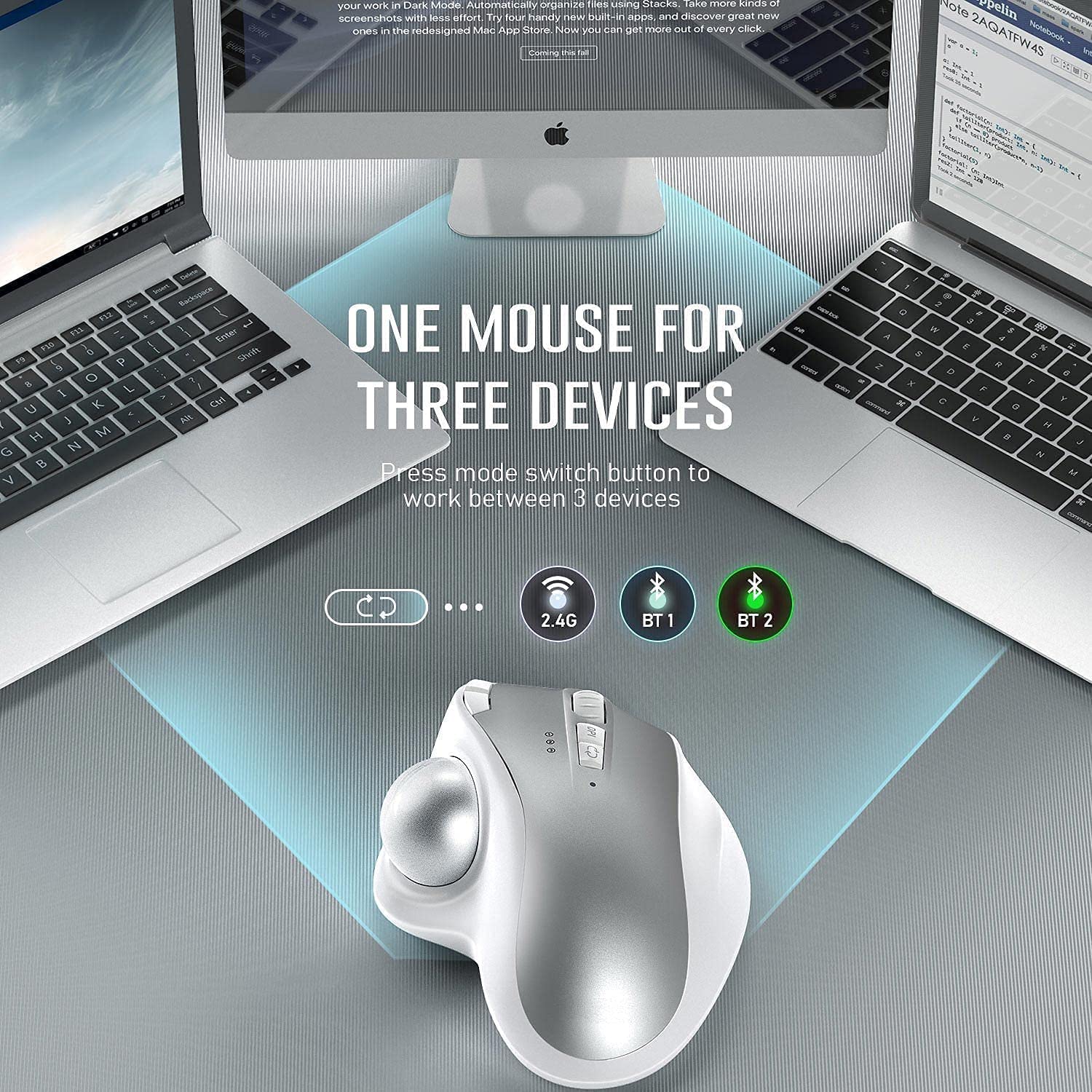 Wireless Trackball Mouse - 2.4G USB + Dual Bluetooth Rollerball Mouse, Easy Thumb Control, Rechargeable Ergonomic Trackball Mice for MacBook, Laptop, PC, iPad, Windows, Android, iOS (White Silver)