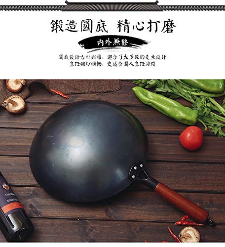 SERENITA Chinese 100% Hand Hammered Iron Woks Stir Fry Pans, Non-stick, No Coating, Less Oil, 30CM, Black Seasoned Wooden handle