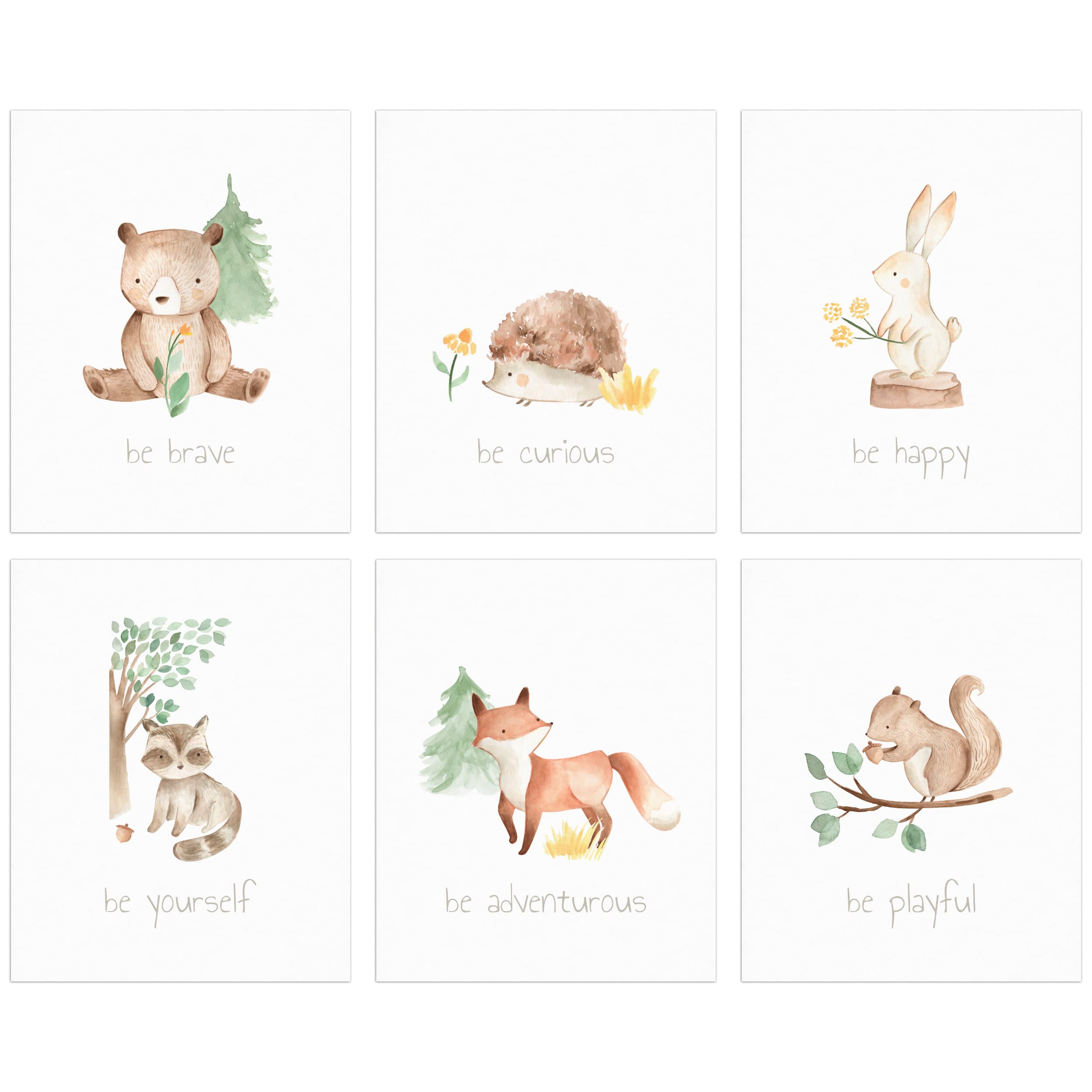 Woodland Baby Animals Nursery Wall Art Prints Room Decor - Set of 6 - Unframed (8 x 10 inches)