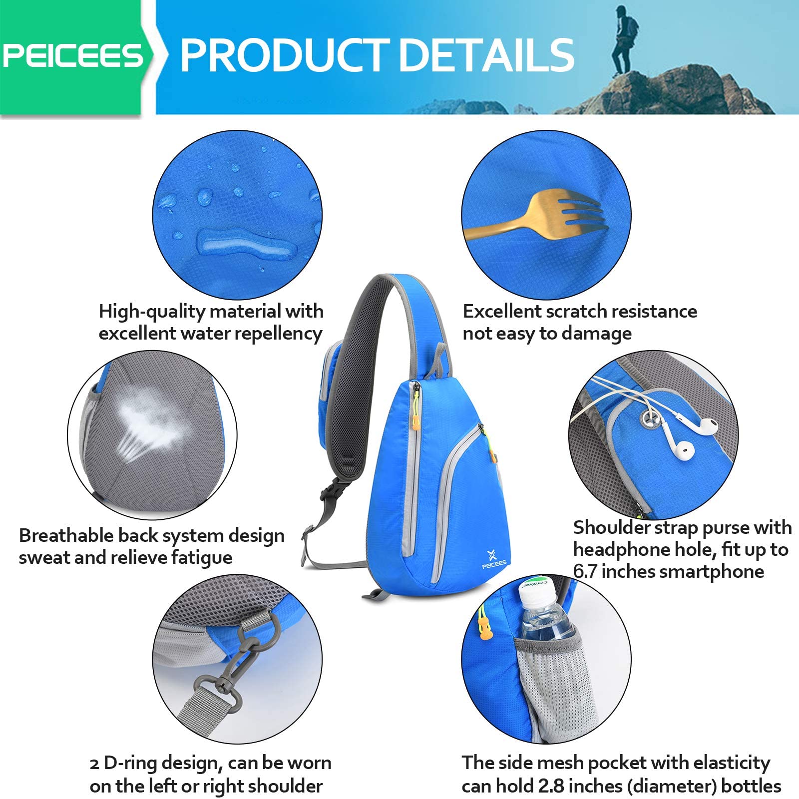 Peicees Sling Bag Backpack for Men Women Water Resistant Crossbody Shoulder Bag Travel Hiking Chest Daypack