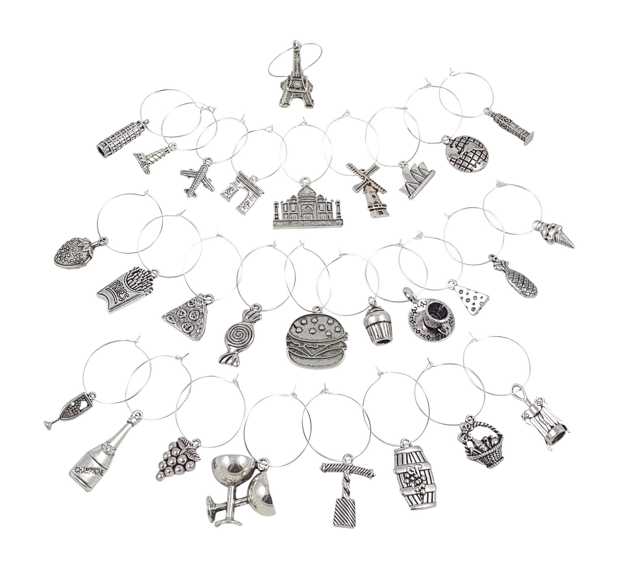 Palm City Products Around the World Wine Charm Set with Food, Wine, and Travel Themed Sets - 28 Piece Bundled Set
