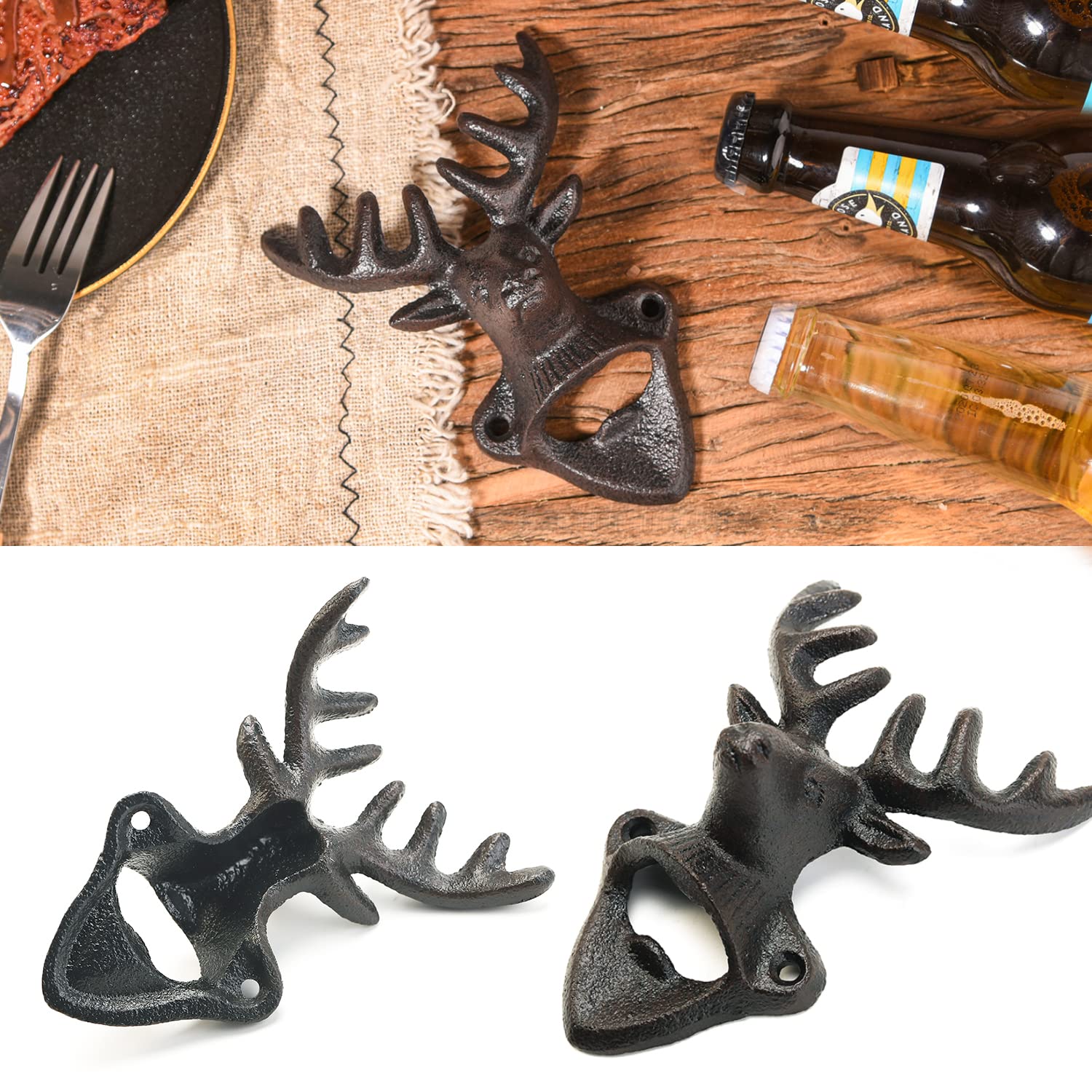 Sungmor Wall Mounted Bottle Opener, Cast Iron Cool Deer Head Bottle Opener, Beer Coke Beverage Bottle Cap Opener, Vintage Rustic Style Wall Hanging Opener, Bar Farmhouse Wall Ornament, Practical Gift