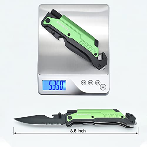 SHUBHADA Folding Pocket Knives Multi Function Emergency Tool Knives Led Light Magnesium fire starter Seatbelt cutter Glass breaker Bottle opener(Green)