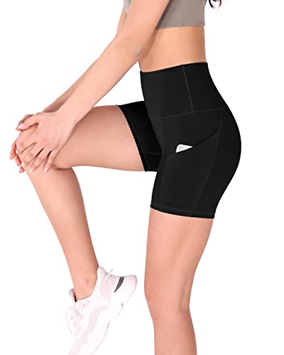 ODODOS Women's 4" High Waist Biker Shorts with Pockets, Tummy Control Non See Through Workout Sports Athletic Running Yoga Shorts, Black, Medium