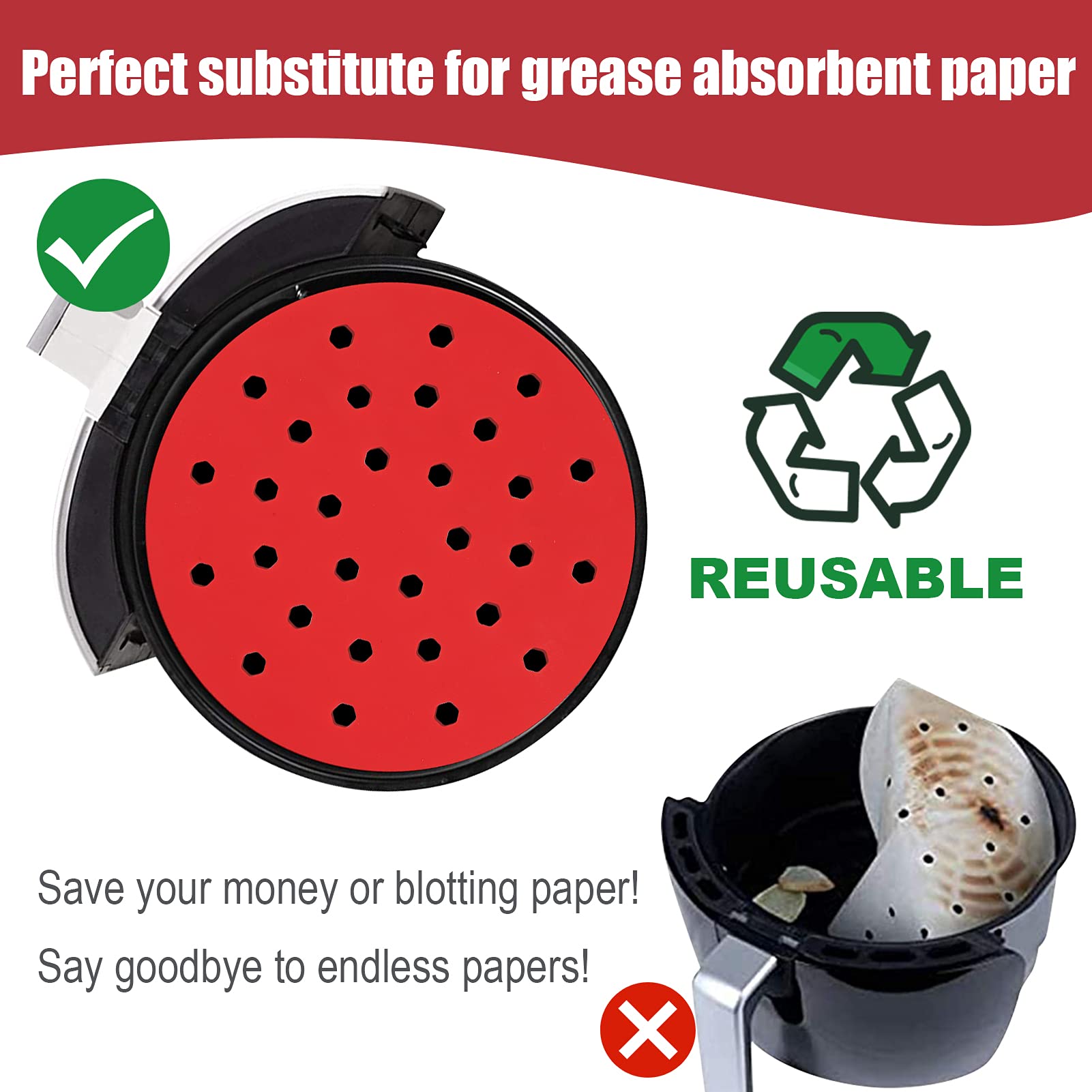 Retexal Kitchen Reusable air fryer silicone liners 4 Pack Air Fryer Heat Resistant and Food Safe-9" Square