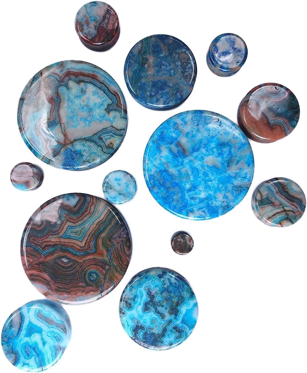 Pair 1-1/4" (32MM) BLUE AGATE STONE PLUGS Double Flare Gauges Organic Brown Tunnels (2pcs)