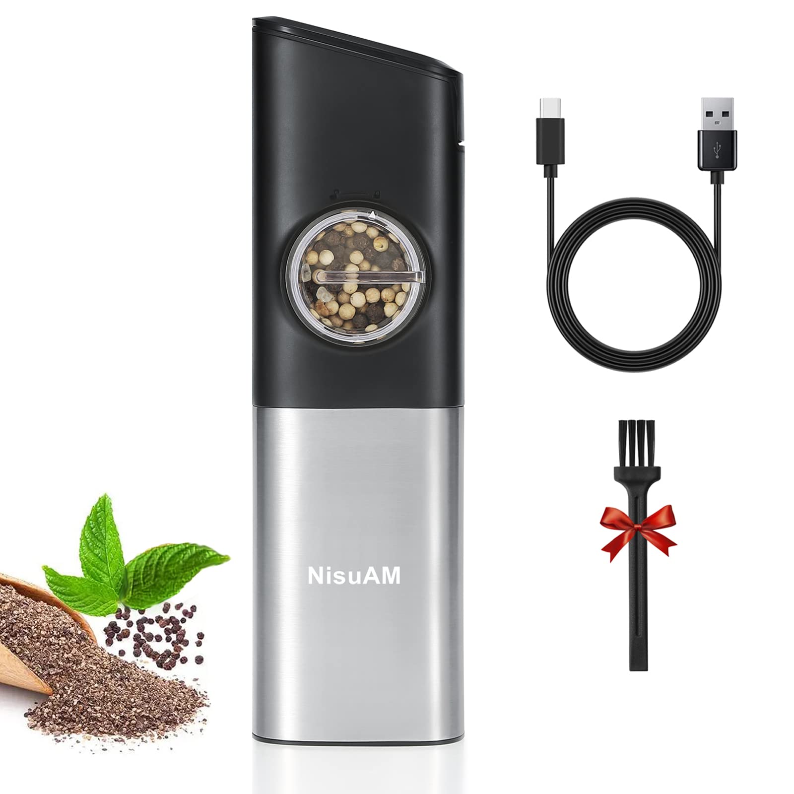Rechargeable Salt or Pepper Grinder,NisuAM Gravity Automatic Pepper Mill with White LED light, One Handed Operation Spice Grinder ,Upgraded Salt Grinder Adjustable Coarseness, Refillable, No Battery