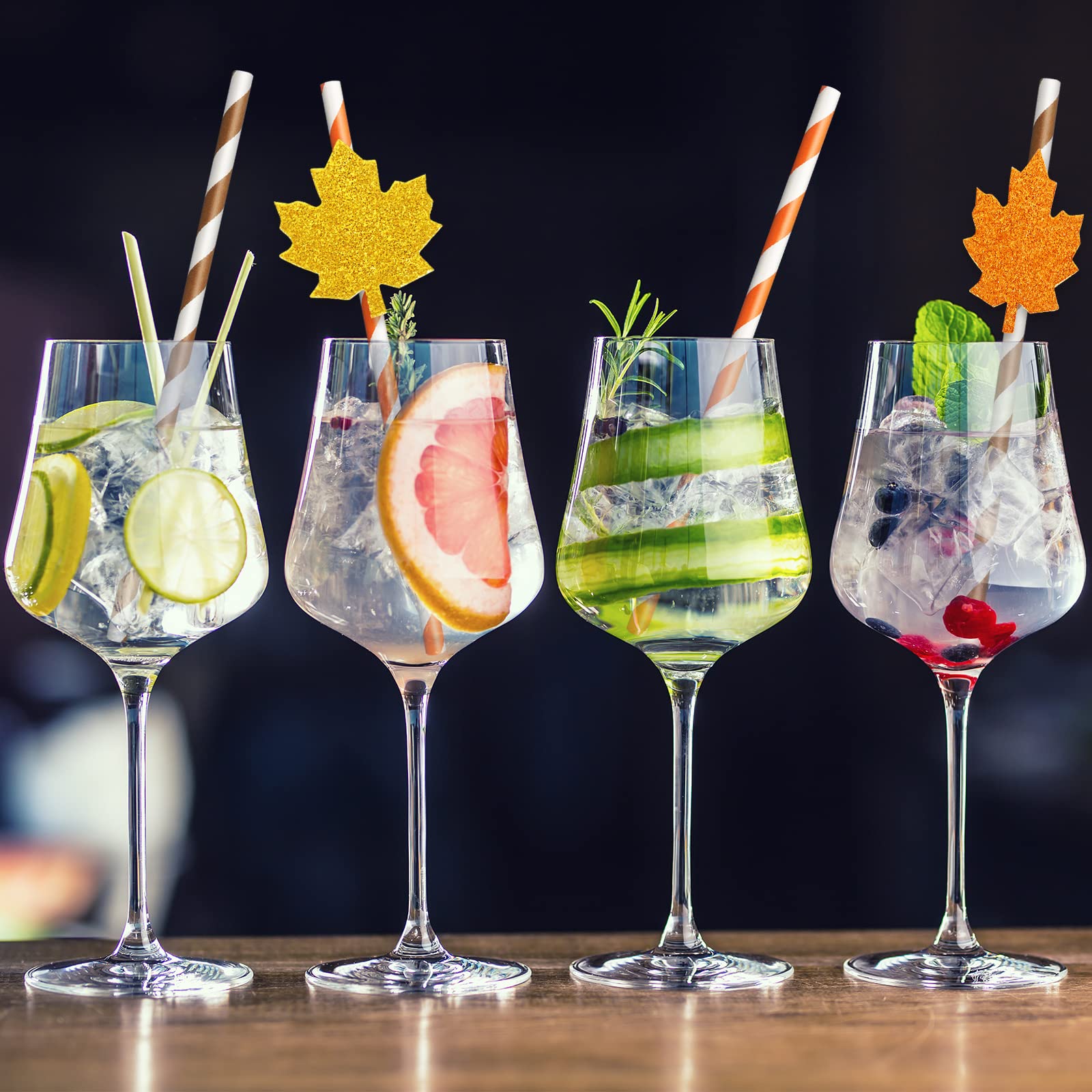 Whaline 60Pcs Thanksgiving Maple Leaf Paper Straws Fall Glitter Leaf 3 Color Disposable Drinking Straws Orange Brown Stripeed Straws with Glue Points for Autumn Thanksgiving Party Supplies