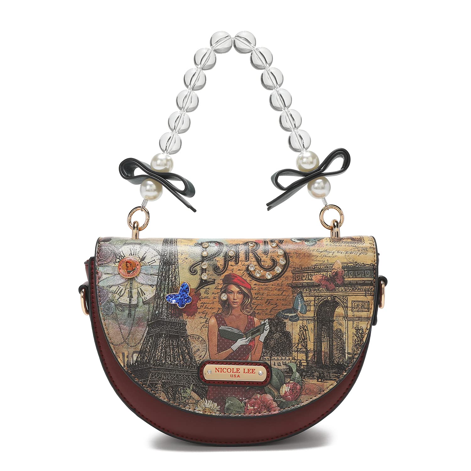 Nicole Lee Shoulder Bag with Pearls Bows, Small Flap Handbag with Removable Crossbody Strap (Success in New York)