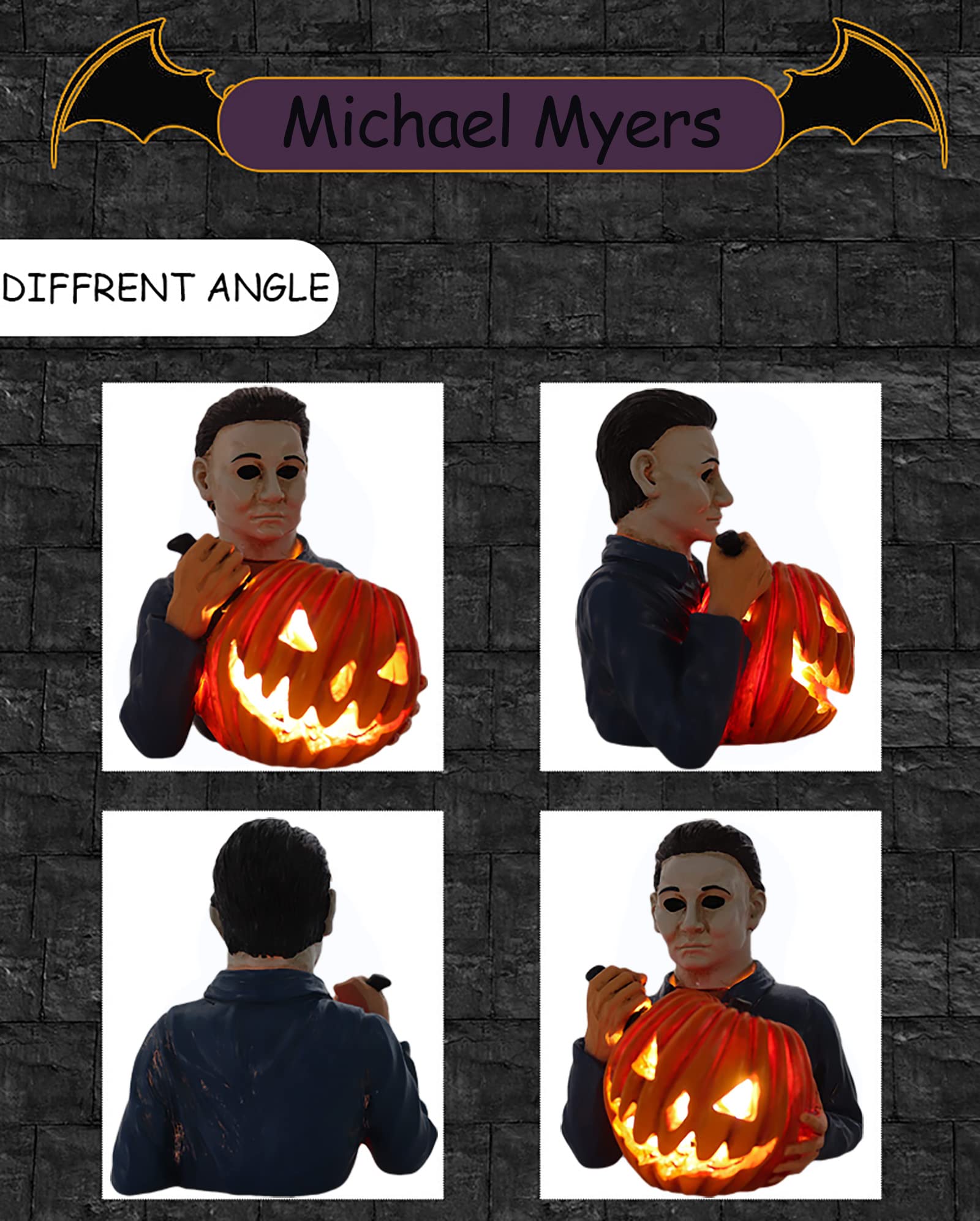 nezababy Light Up Michael Myers Statue Halloween Decoration Sam Trick 'r Treat with Pumpkin Horror Movie Garden Gnomes Decor Resin
