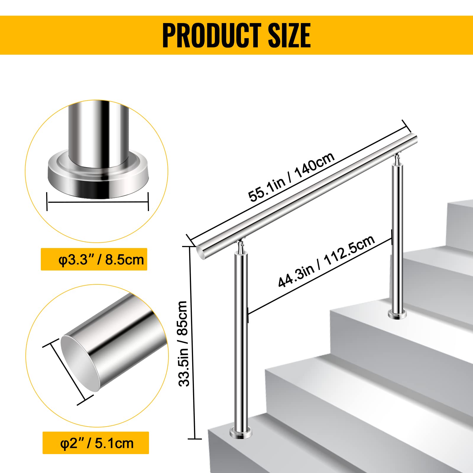 Migoda Stainless Steel Handrail 55’’x34’’ Inch, Silver Stair Handrail 551Lbs Load, Angle Adjustable Hand Rails for Outdoor Steps, Stair Rail Fits 4-5 Steps with Complete Screw Kit