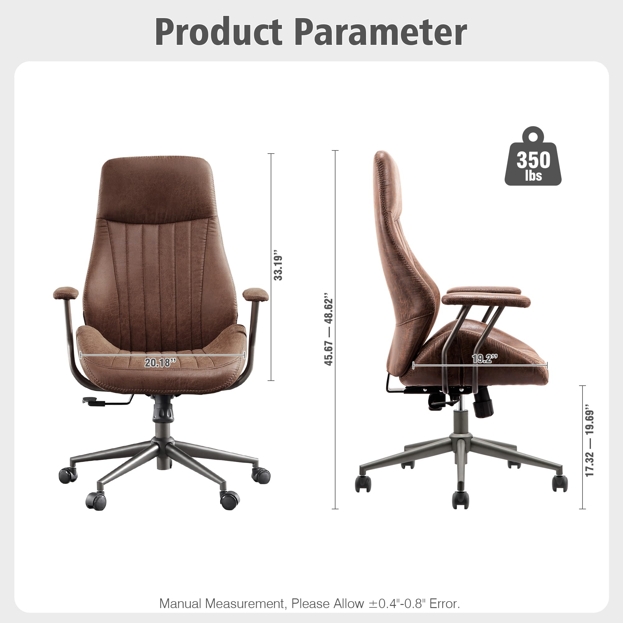 ovios Office Chair, Mid Century Modern Chair with Lumbar Support, Ergonomic High Back Suede Leather Executive Chair with Swivel Rolling Wheels, Dark Brown