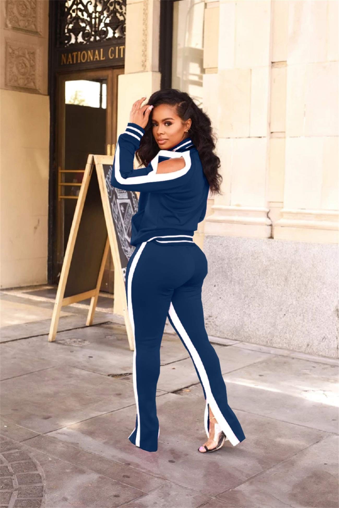 Nhicdns Womens 2 piece Outfits Long Sleeve Jogging Suits Cold Shoulder Tracksuit Set