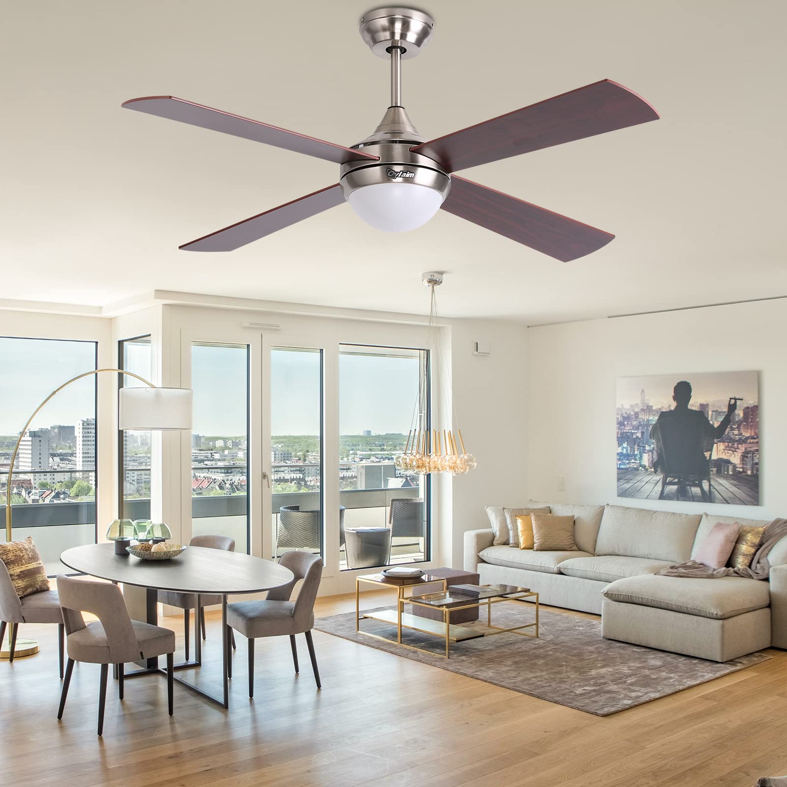 Ovlaim Quiet DC Motor 48 Inch Wood Ceiling Fan with Lights Remote Control for Bedroom Living Room, 4 Blades Brown