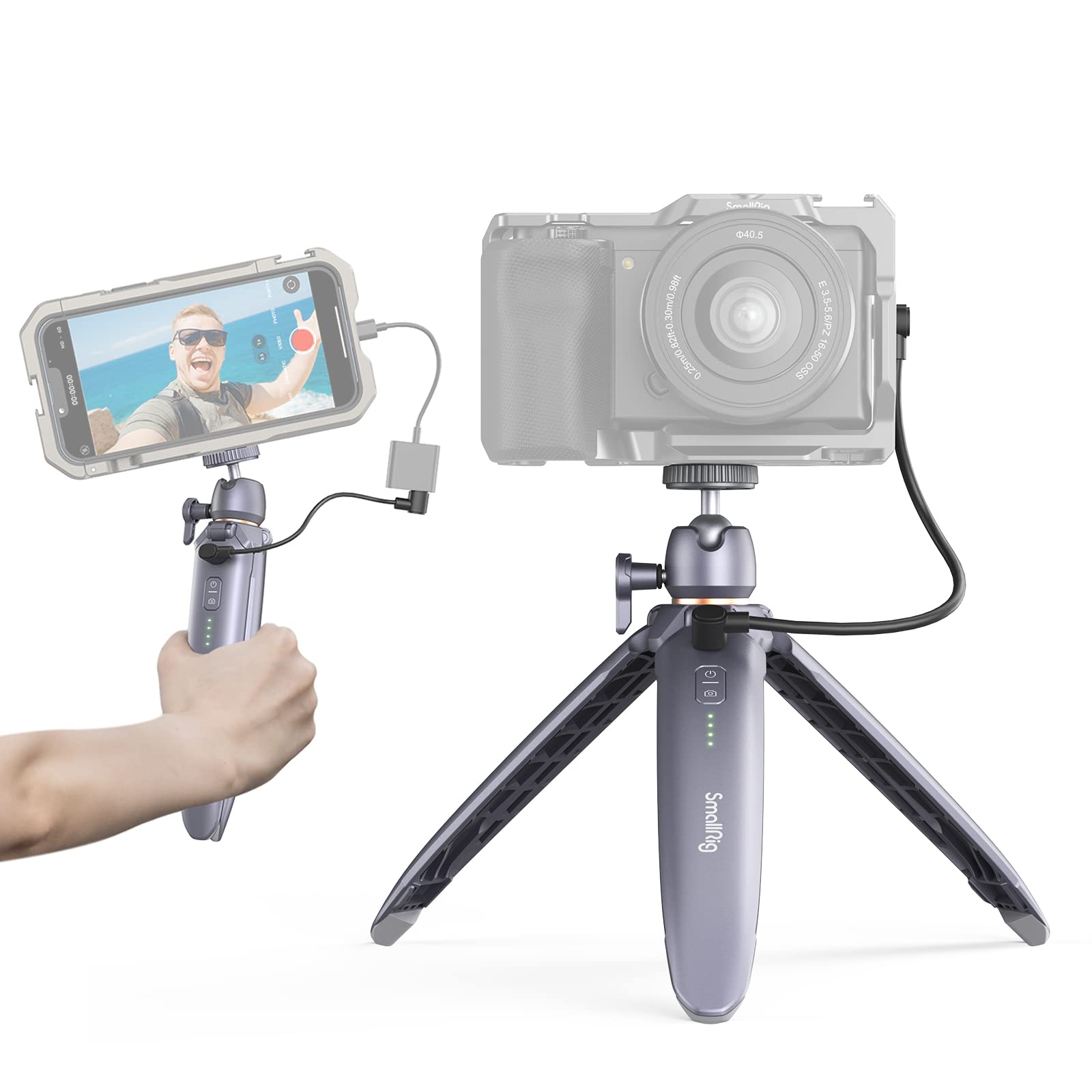 SmallRig Charging Mini Tripod for iPhone Cameras DSLRs Gopro, Handle Grip Desktop Tripod with Wireless Control Button 360° Ball Head and Power Display, for Vlogging Video Shooting Filming -3534