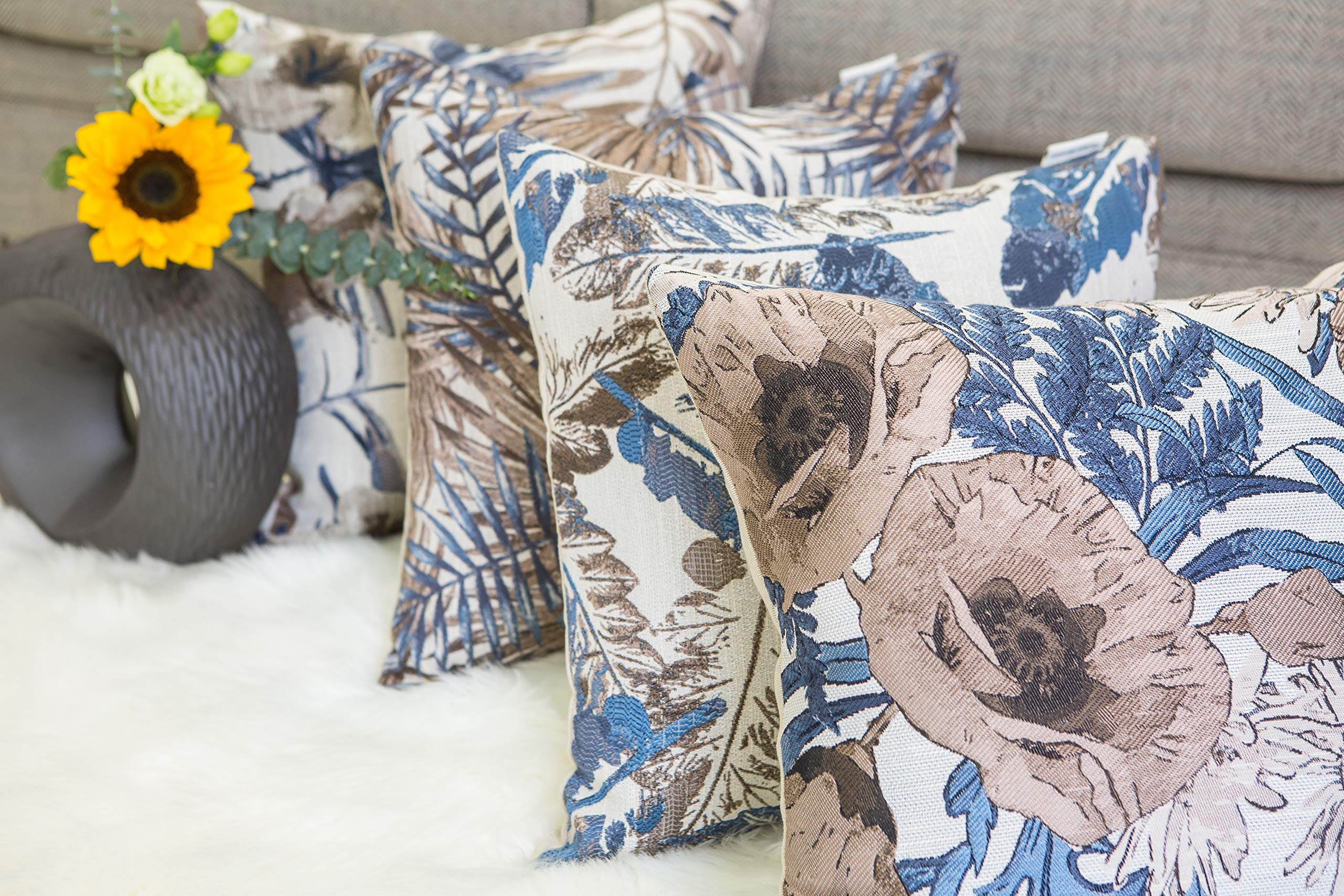 Mika Home Set of 4 Blue Garden Series Throw Pillow Covers Pillow Cases for Sofa Couch Home Decorations Flowers and Leaves 18" x 18" 45cm x 45cm