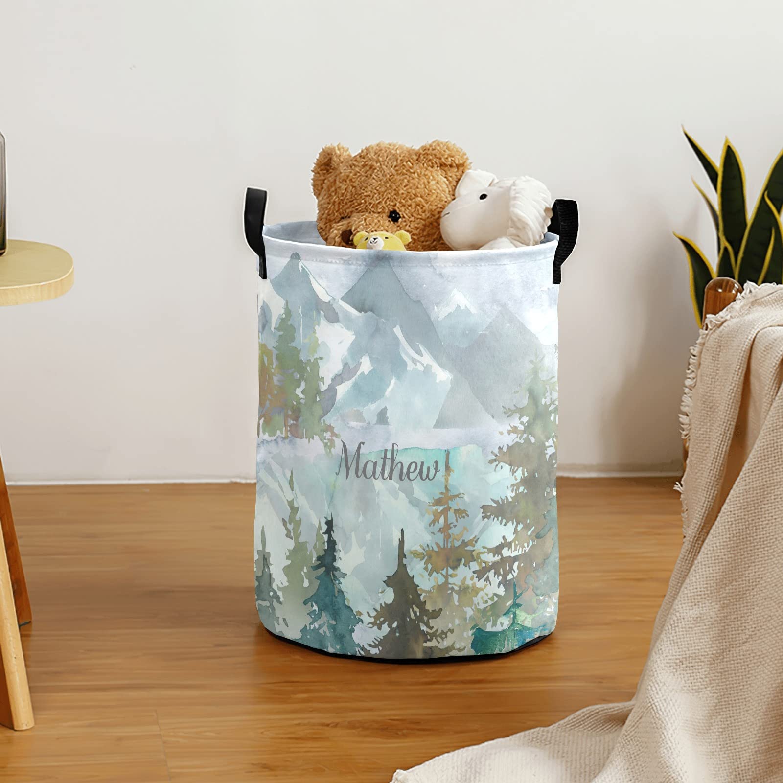 Woodland Pine Trees Mountain Personalized Laundry Basket ,Custom Foldable Storage Bins Laundry Hamper for Nursery Pet Toys Clothes
