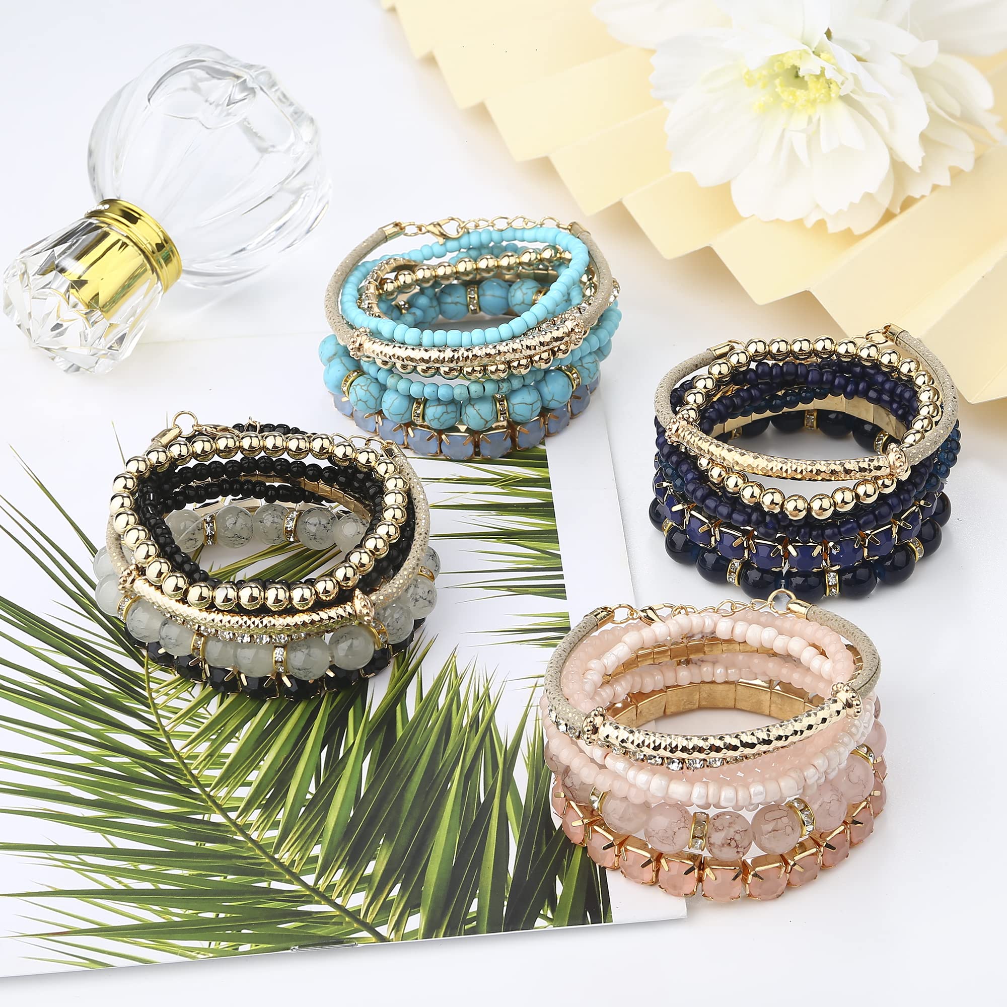 SAILIMUE 4 Sets Bohemian Stackable Bead Bracelets for Women Multilayered Stretch Beaded Bracelets Handmade Pendant Charm Boho Bracelets Pack