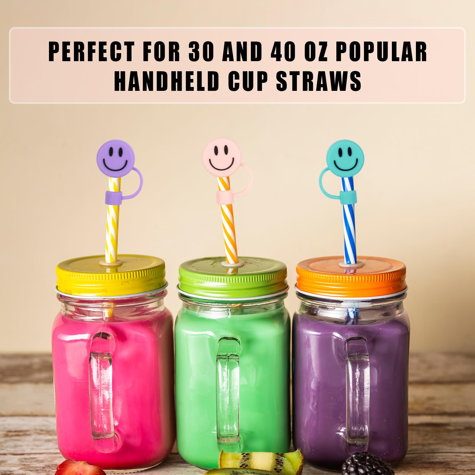 Whaline 4Pcs Smile Face Straw Covers Silicone Reusable Straw Topper Double Sided Pattern Straw Tip Covers 10mm 0.4 Inch for 30 & 40 OZ Tumbler with Handle(Pink,Purple,Mint Green,Cream Color)