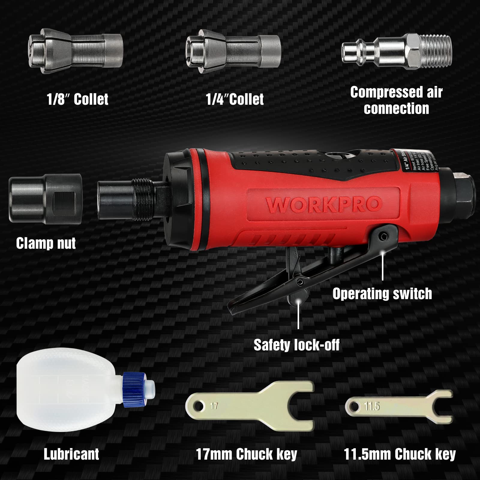 WORKPRO 1/4-Inch Pneumatic Straight Die Grinder, 25000RPM, Air-Powered Die Grinder for Grinding, Cutting, Polishing, Welding Repair, Deburring, 1/4" & 1/8" Collets Included