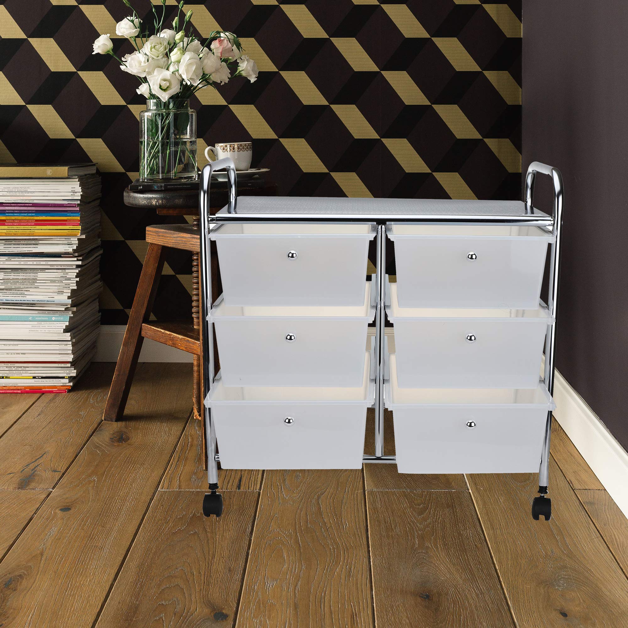 Mind Reader Rolling Cart with Drawers, Utility Cart, Craft Storage, Kitchen, Metal, 24.25"L x 15.25"W x26.25"H, White, Silver