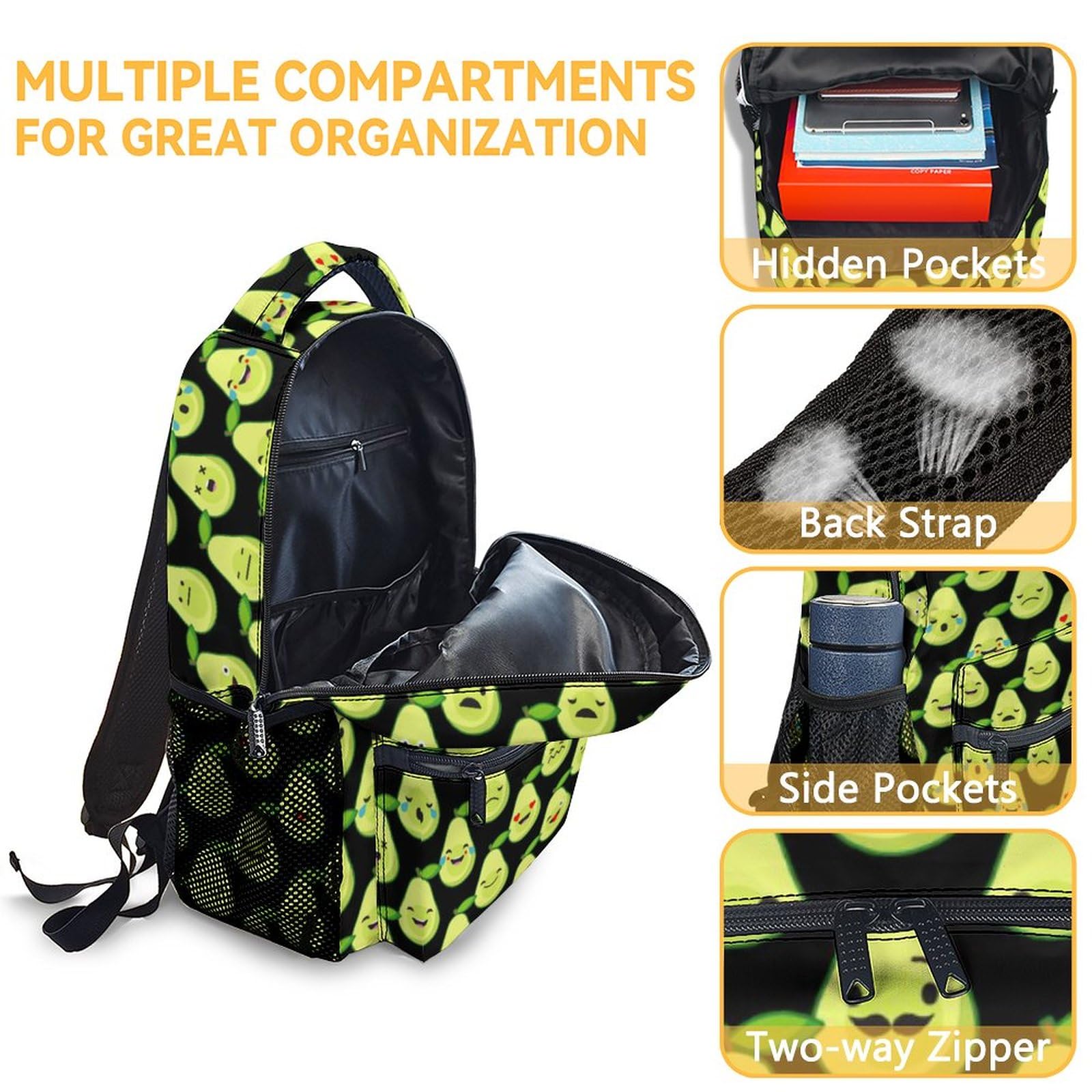 NICEFORNICE Avocado Backpacks Kids, 16 Inch Cute Backpack for School, Black Lightweight Bookbag for Girls
