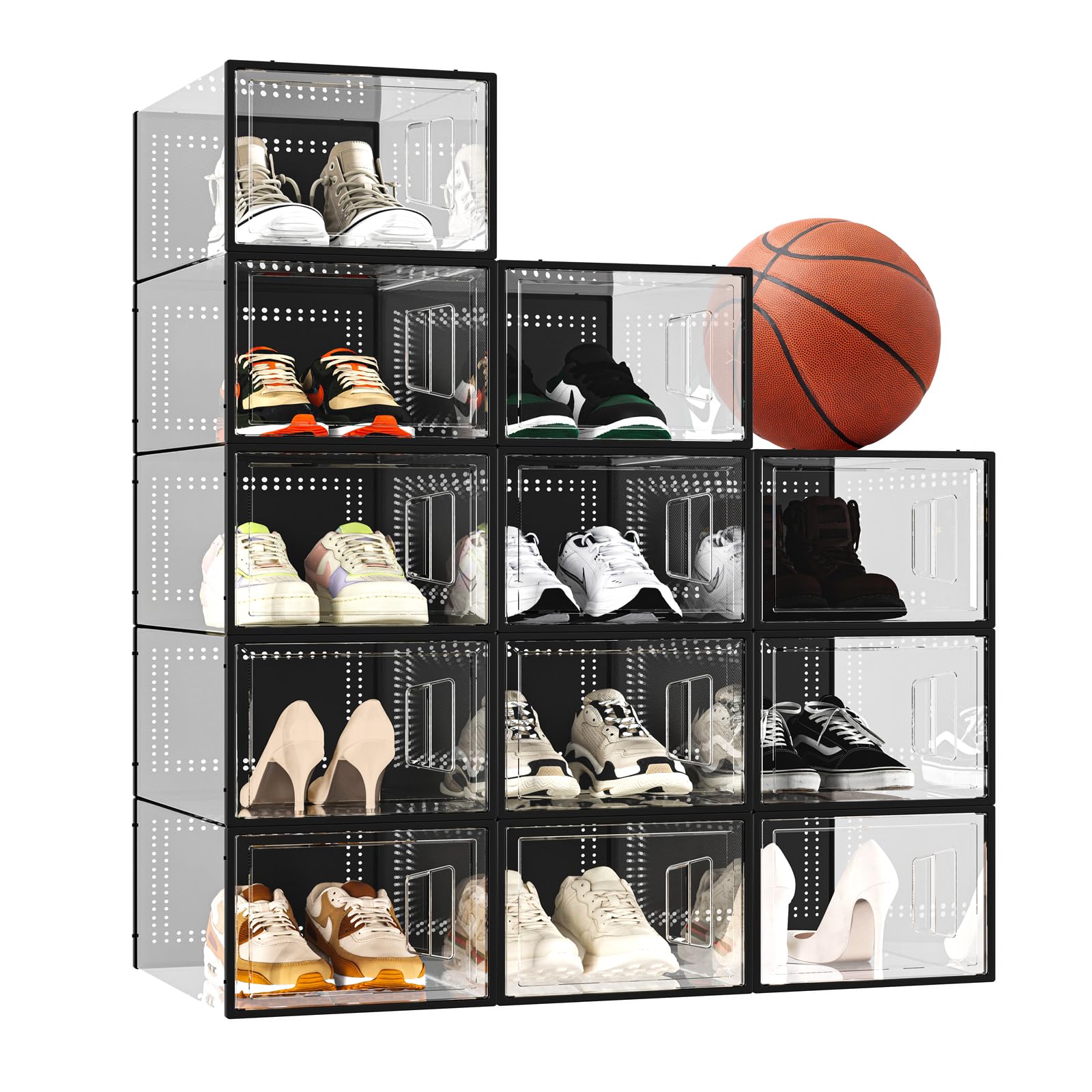 ZZCZZ X-Large Shoe Storage Boxes 12 Pack, Shoe Organizer for Closet, Clear Plastic Substitute Shoe Rack Foldable Durable, Fit for Women/Men High-top shoes, white
