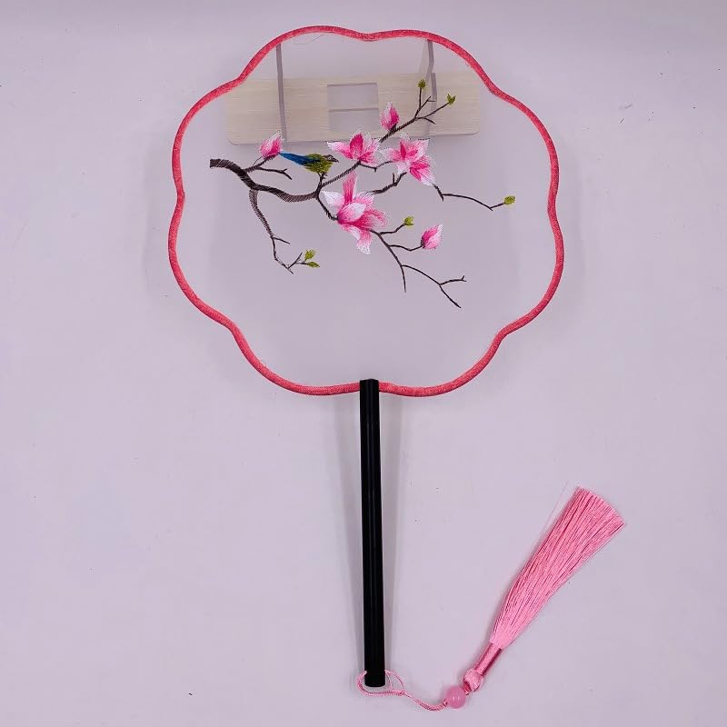 SUETOR Silk Embroidered Hand Held Fan,Chinese Traditional Palace Round Fan,Qipao Hanfu Fan,Home Decorate Fan with Base (Pink Magpie)