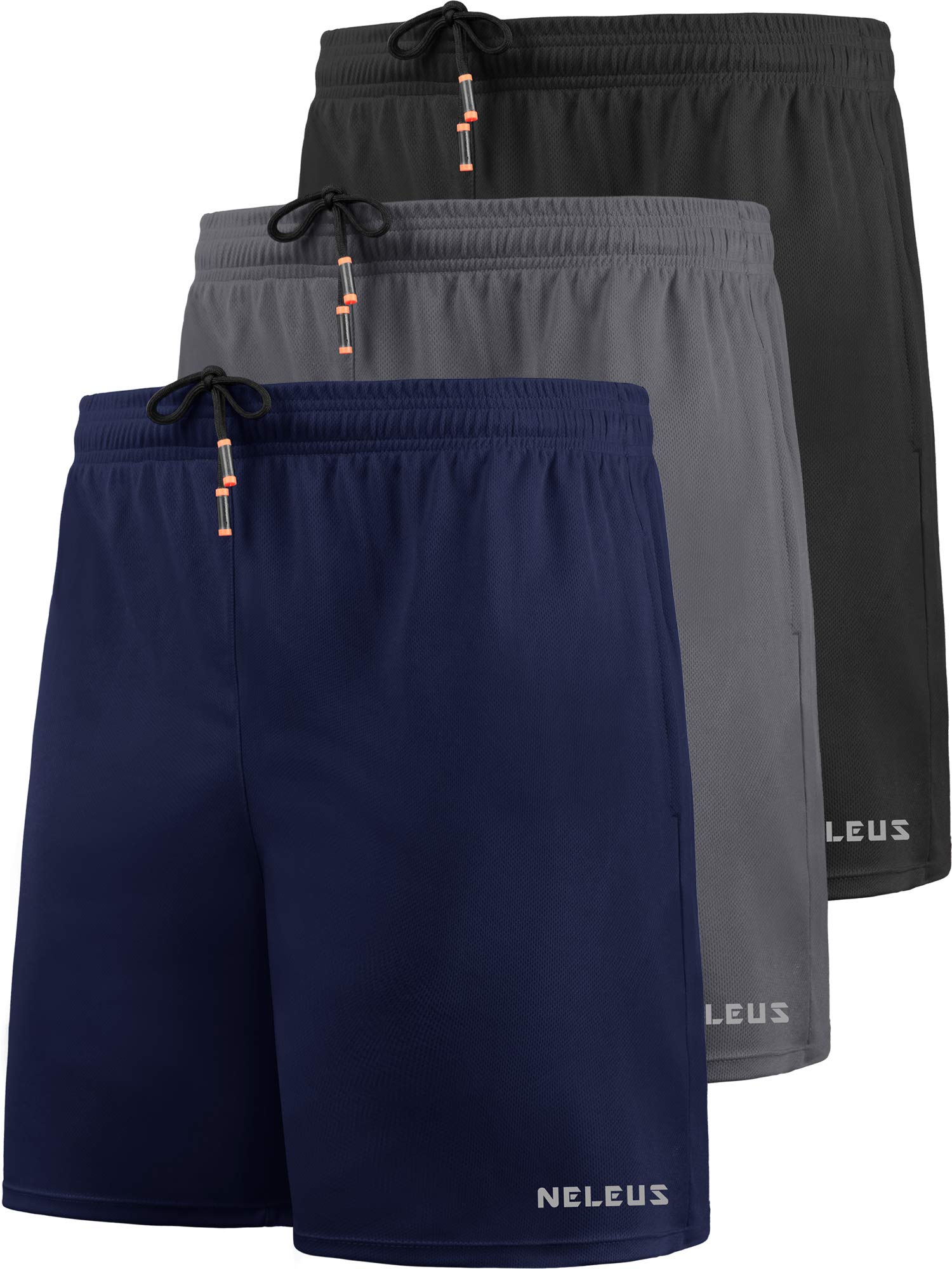 NELEUS Men's 7" Mesh Running Workout Shorts Gym Basketball,6058,3 Pack,Black,Grey,Navy Blue,M