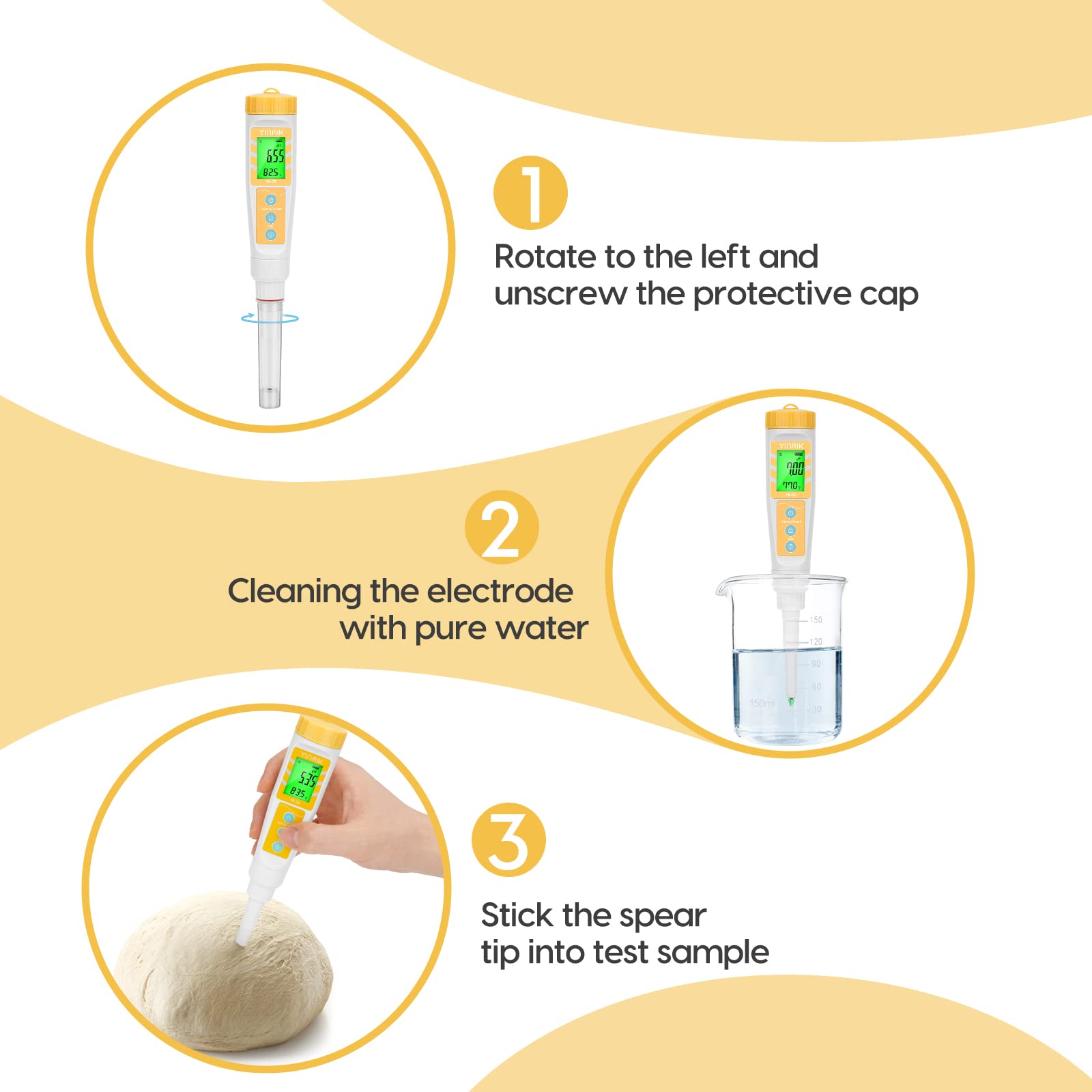 YINMIK Digital pH Meter for Food, pH Probe for Sourdough and Bread Dough, Checking The pH of Fermenting Sausages and Salami, Waterproof pH Tester for Solid and Liquid Soft Soil Sample