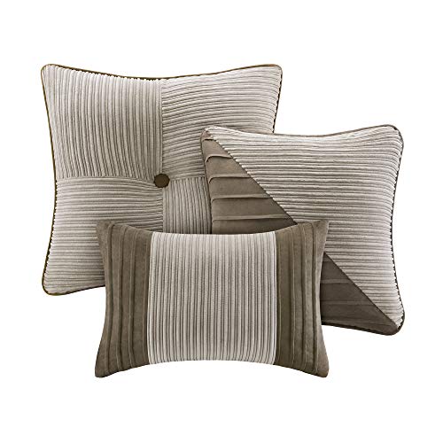 Madison Park Cozy Comforter Set Casual Blocks Design All Season, Matching Bed Skirt, Decorative Pillows, King (104 in x 92 in), Dallas Taupe/Brown, 7 Piece