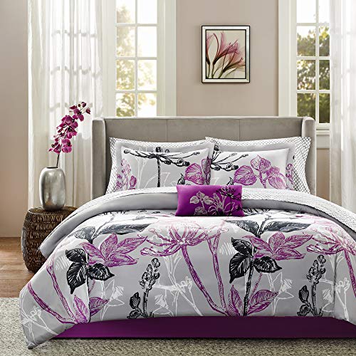 Madison Park Essentials Claremont Twin Size Bed Comforter Set Bed in A Bag - Purple, Grey, Floral – 7 Pieces Bedding Sets – Ultra Soft Microfiber Bedroom Comforters, Twin(68"x86")