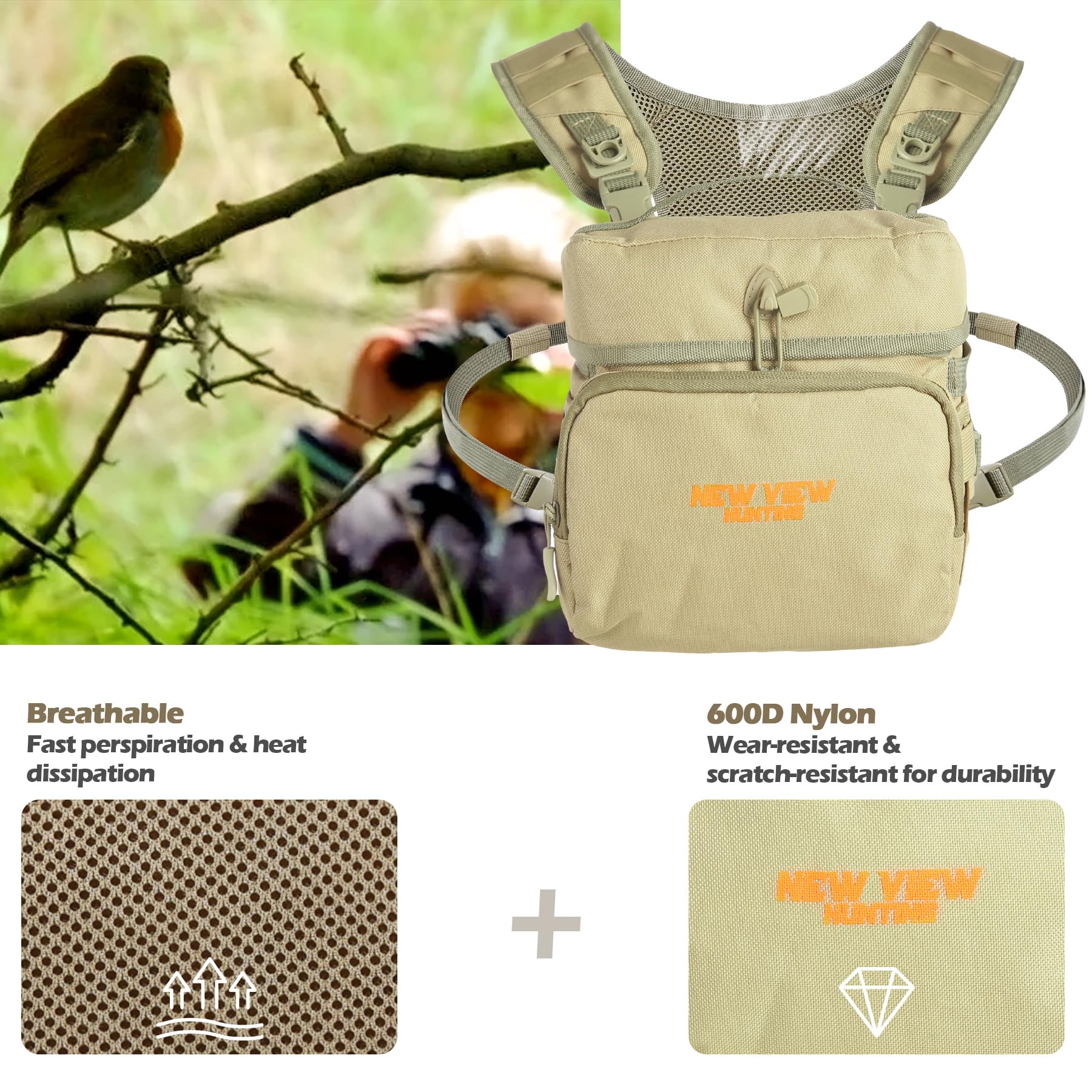 NEW VIEW Binocular Harness Chest Pack with Detachable Rangefinder Pouch, Adjustable Bino Harness & Rain Cover - Ideal for Bird Watching, Hunting, Hiking-Camo M