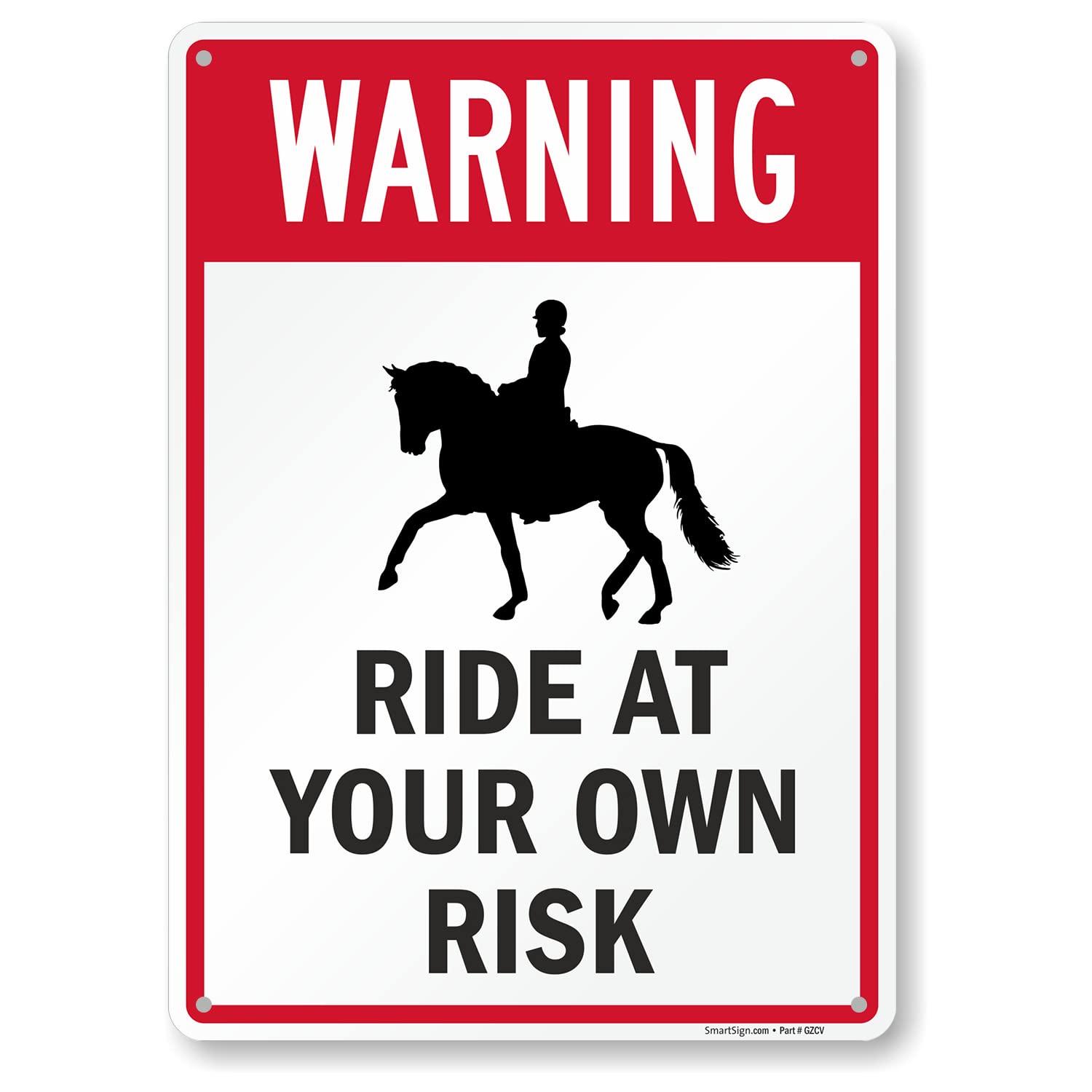 SmartSign 14 x 10 inch “Warning - Ride At Your Own Risk” Metal Sign with Graphic, 40 mil Laminated Rustproof Aluminum, Red, Black and White, Made in USA