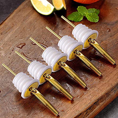 SuproBarware Liquor Bottle Pourers - Stainless Steel Bottle Pourers with Clean Bursh, Rustproof Metal Alcohol Pouring Tubes For Bars, Clubs, Restaurants & Home Use (Gold)