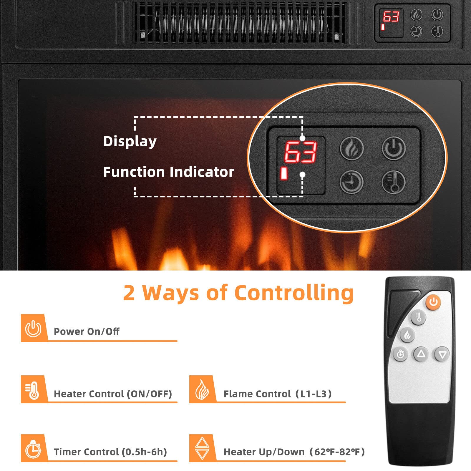 Nightcore 18ββ Electric Fireplace Insert, Electric Heater with Adjustable LED Flame, Remote Control, Safer Plug and Sensor, 1400W Electric Stove Fireplace Iinsert, 1400W