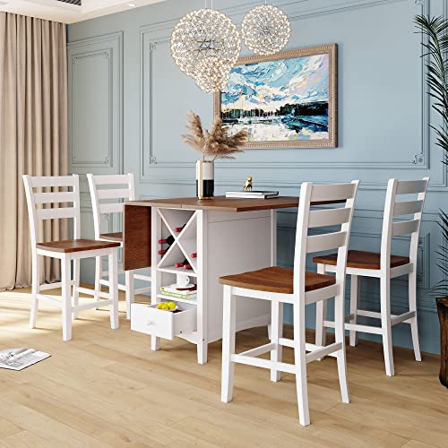 Merax 5 Pieces Drop Leaf Dining Table Set, Counter Height Kitchen Table with Drop Leaf and 4 Chairs, Space-Saving Kitchen Set with Wine Rack and Drawers, Seat Height 23.6"