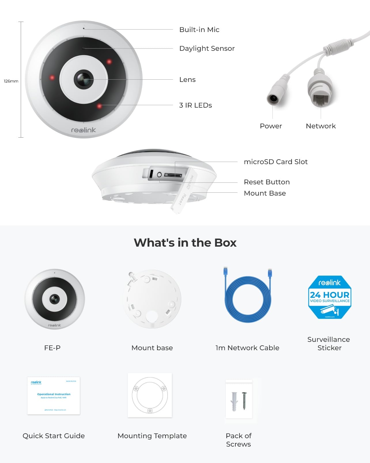 REOLINK PoE IP Fisheye Camera with 360° View, 6MP Indoor Camera for Home/Office Security, Smart Human Detection, Two Way Talk, Ceiling/Wall/Desk Mount, Multiple Display Views, FE-P (White)