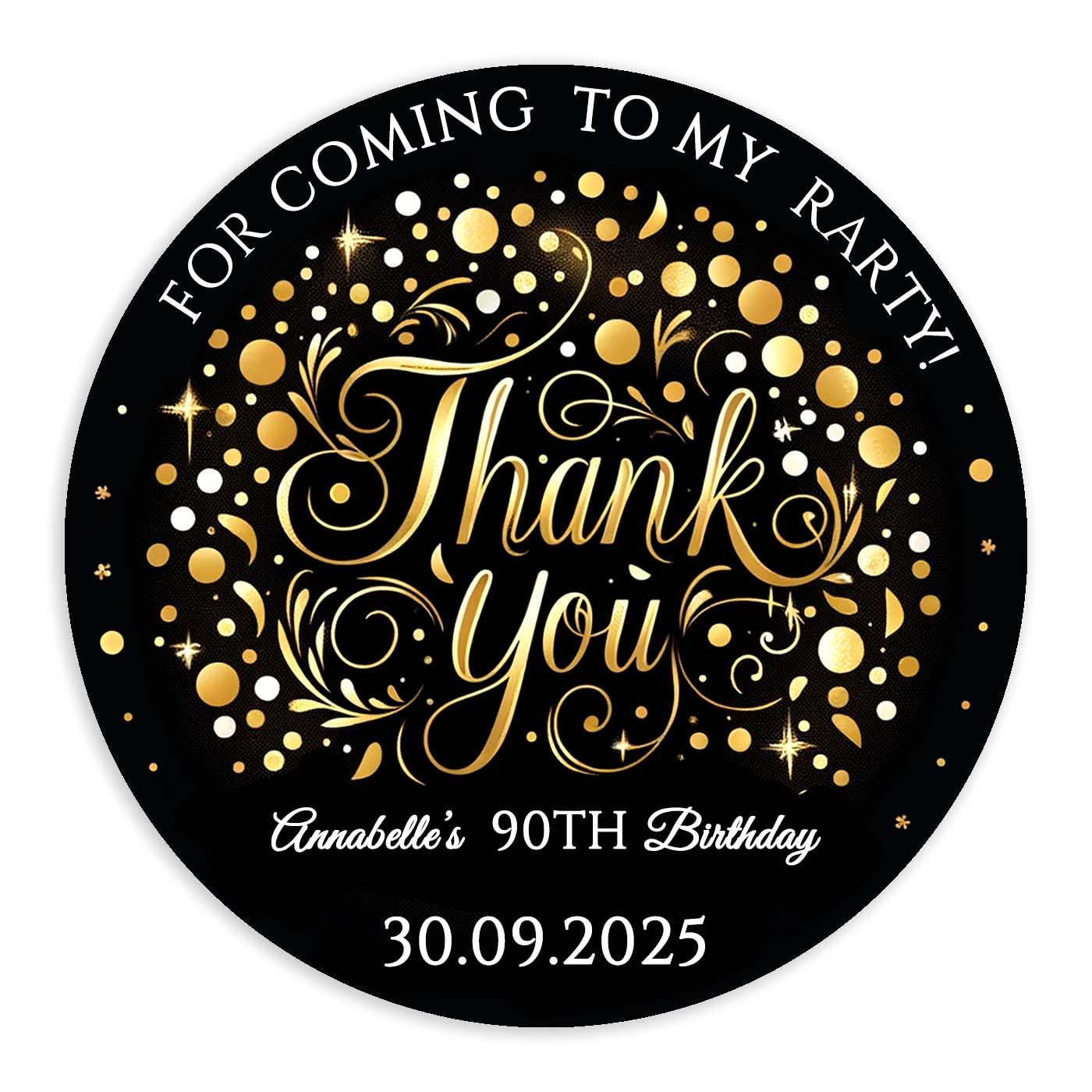 Personalized Customized Labels Tags,Customizable Stickers Thank You for Coming Gold Confetti Birthday Black Classic Round Sticker for Business Custom Made Stickers, 100 Stickers2X2"